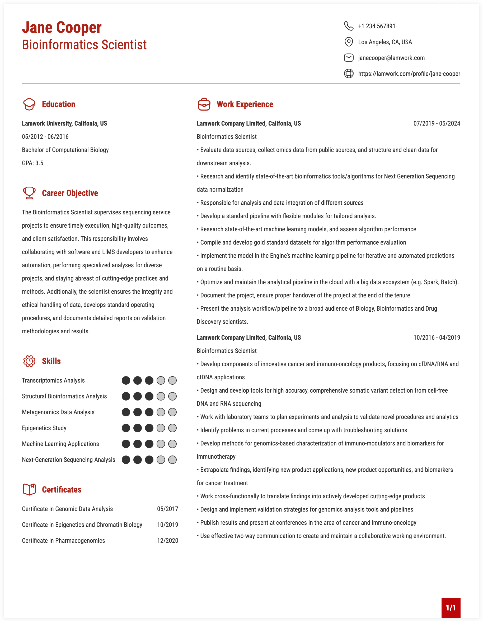 Bioinformatics Scientist Resume Example