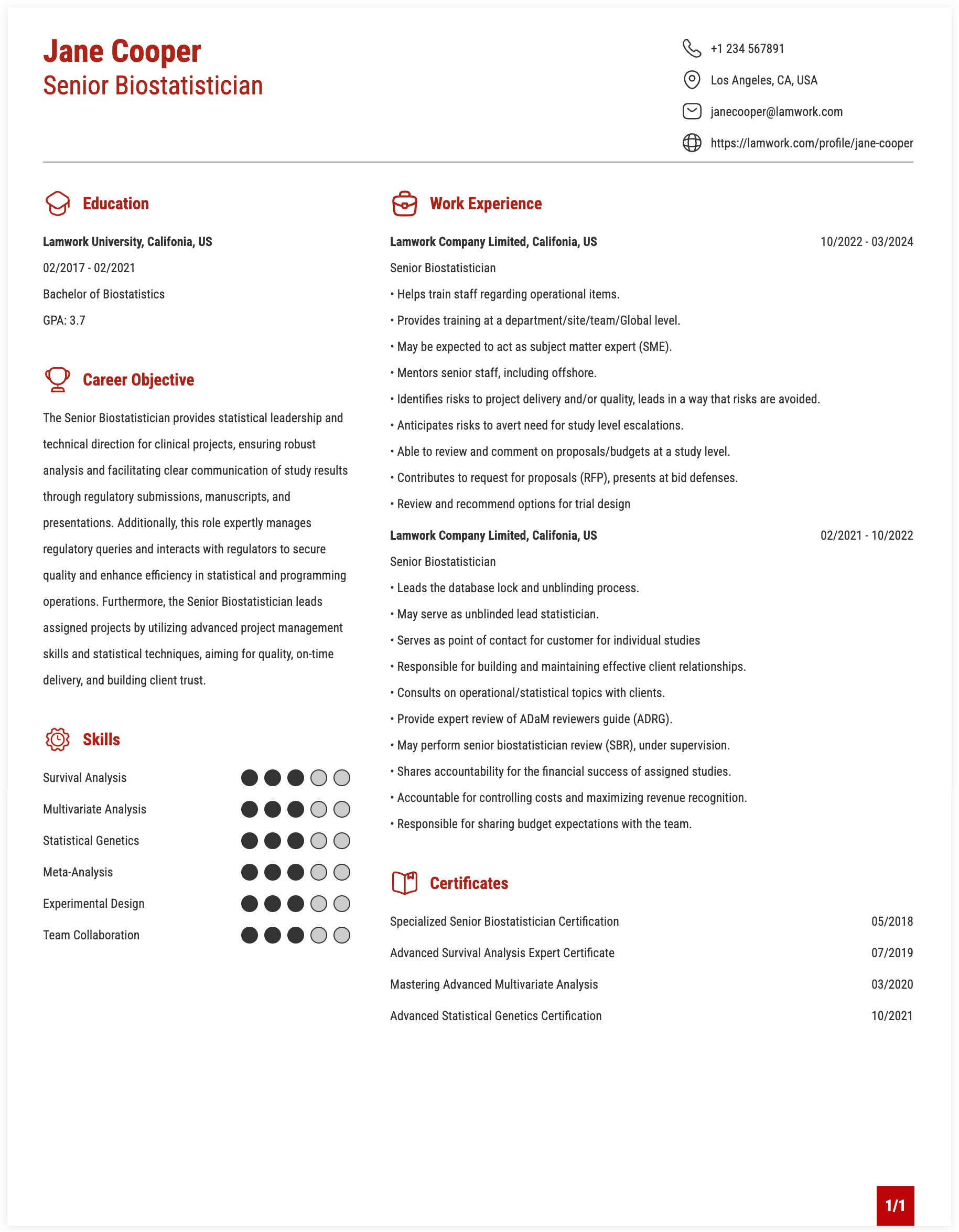 Senior Biostatistician Resume Example