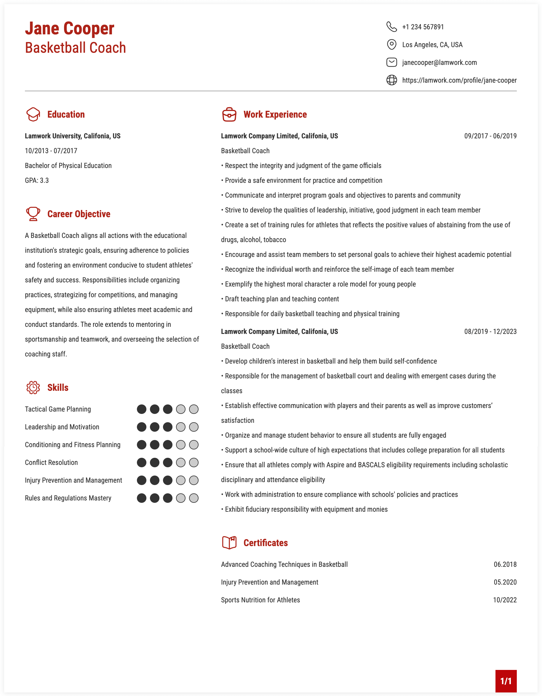 Basketball Coach Resume Example
