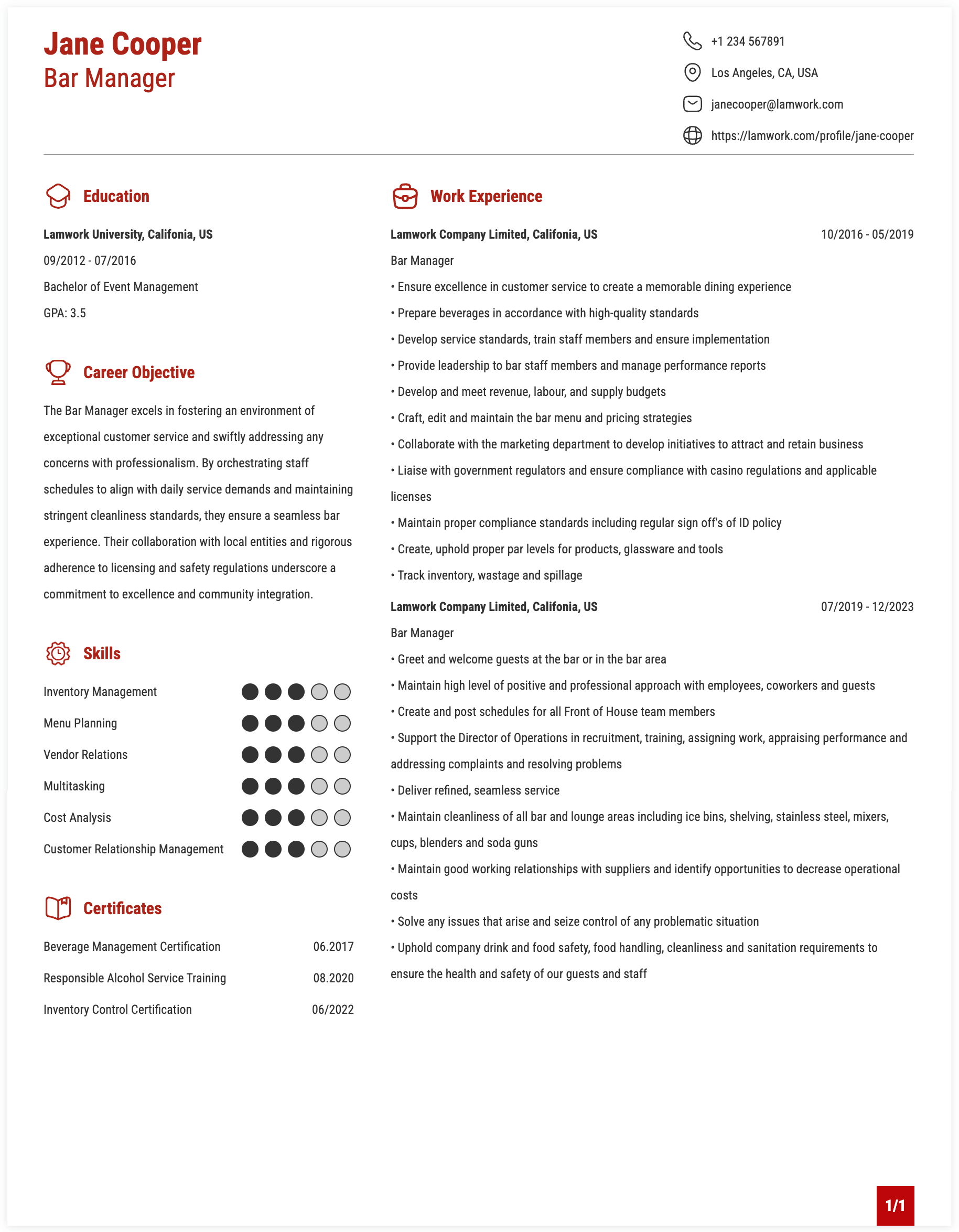 Bar Manager Resume Example