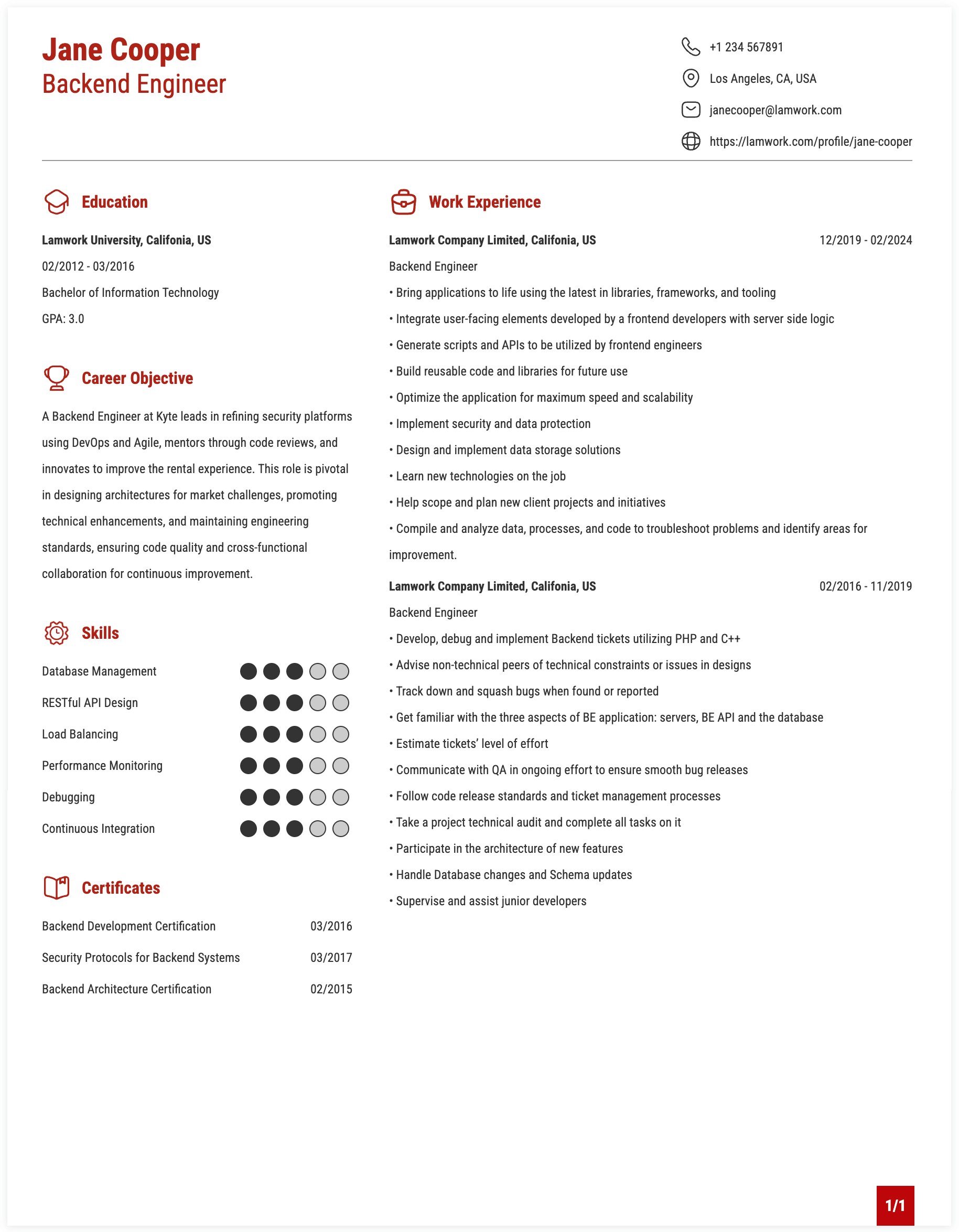 Backend Engineer Resume Example