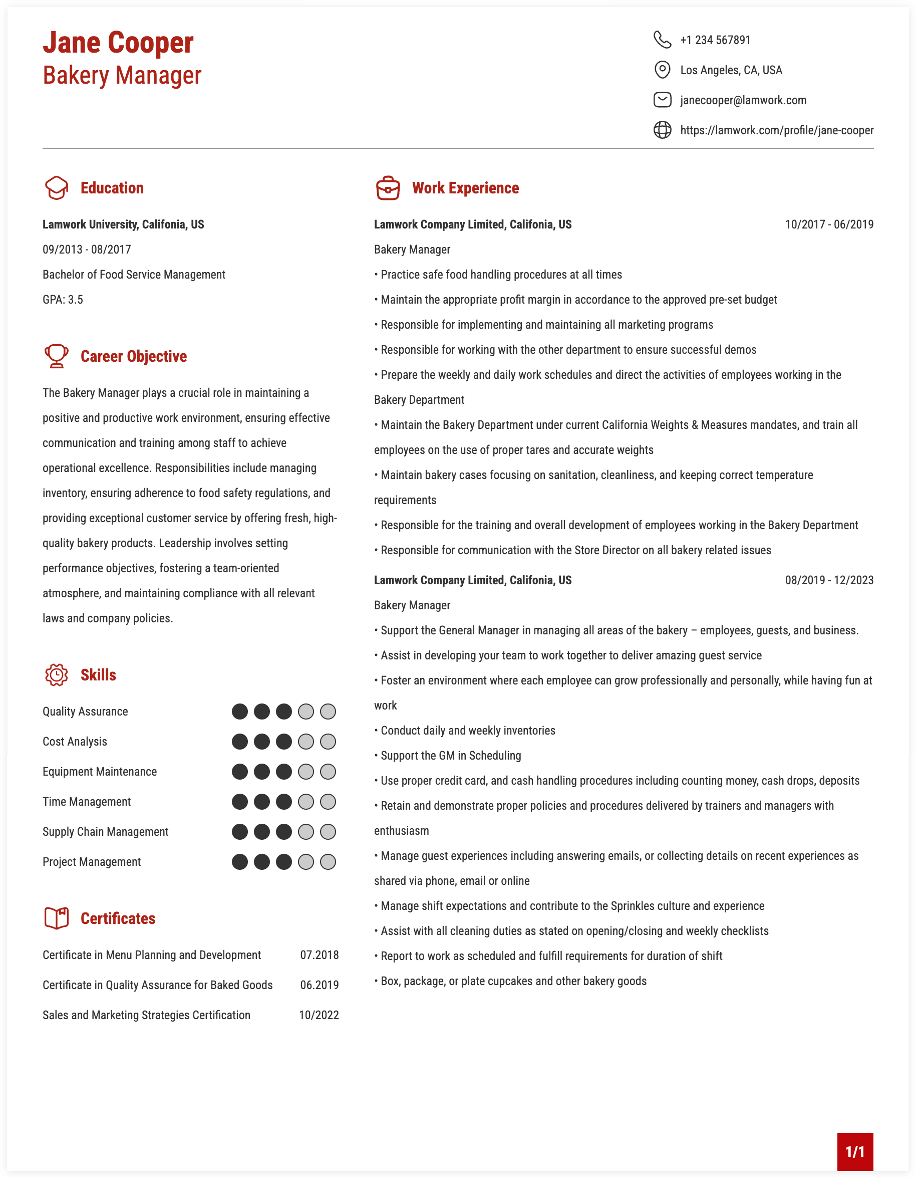 Bakery Manager Resume Example
