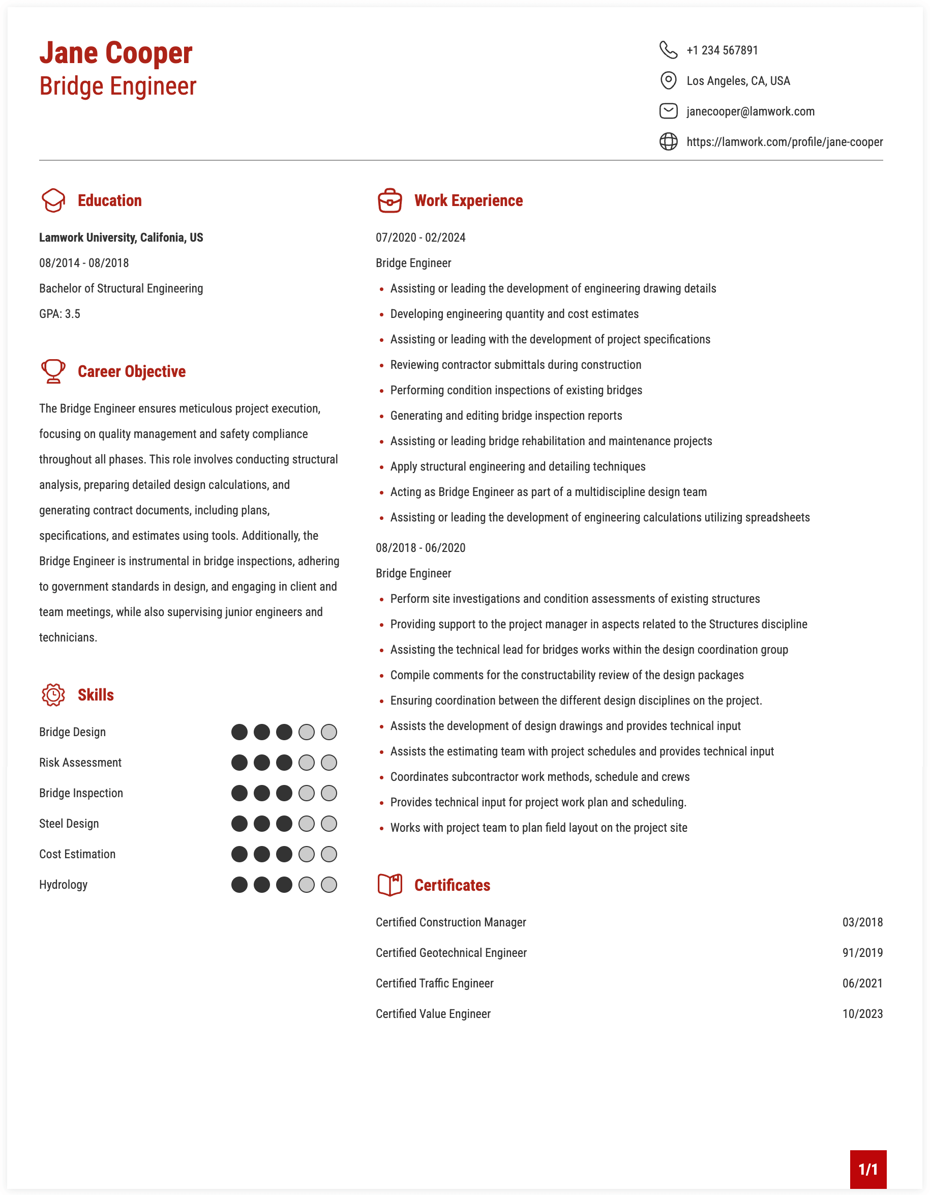 Bridge Engineer Resume Example