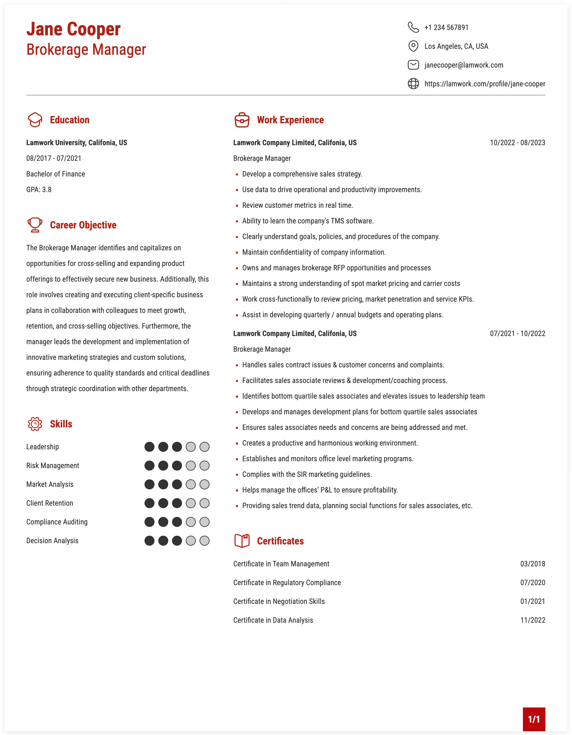Brokerage Manager Resume Example