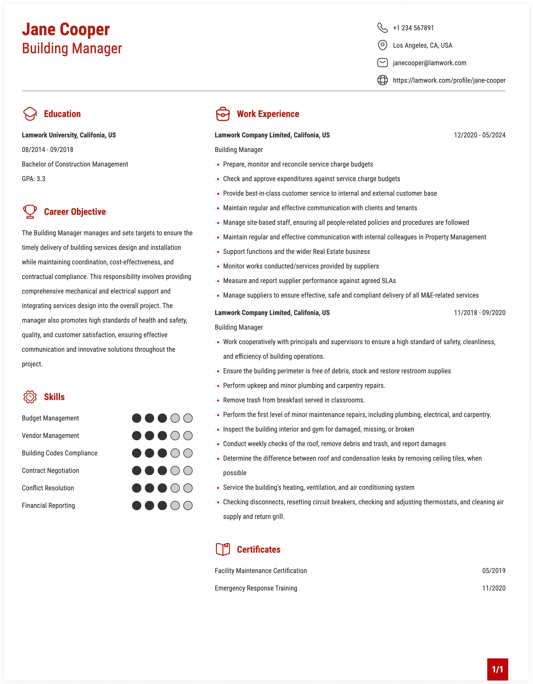 Building Manager Resume Example