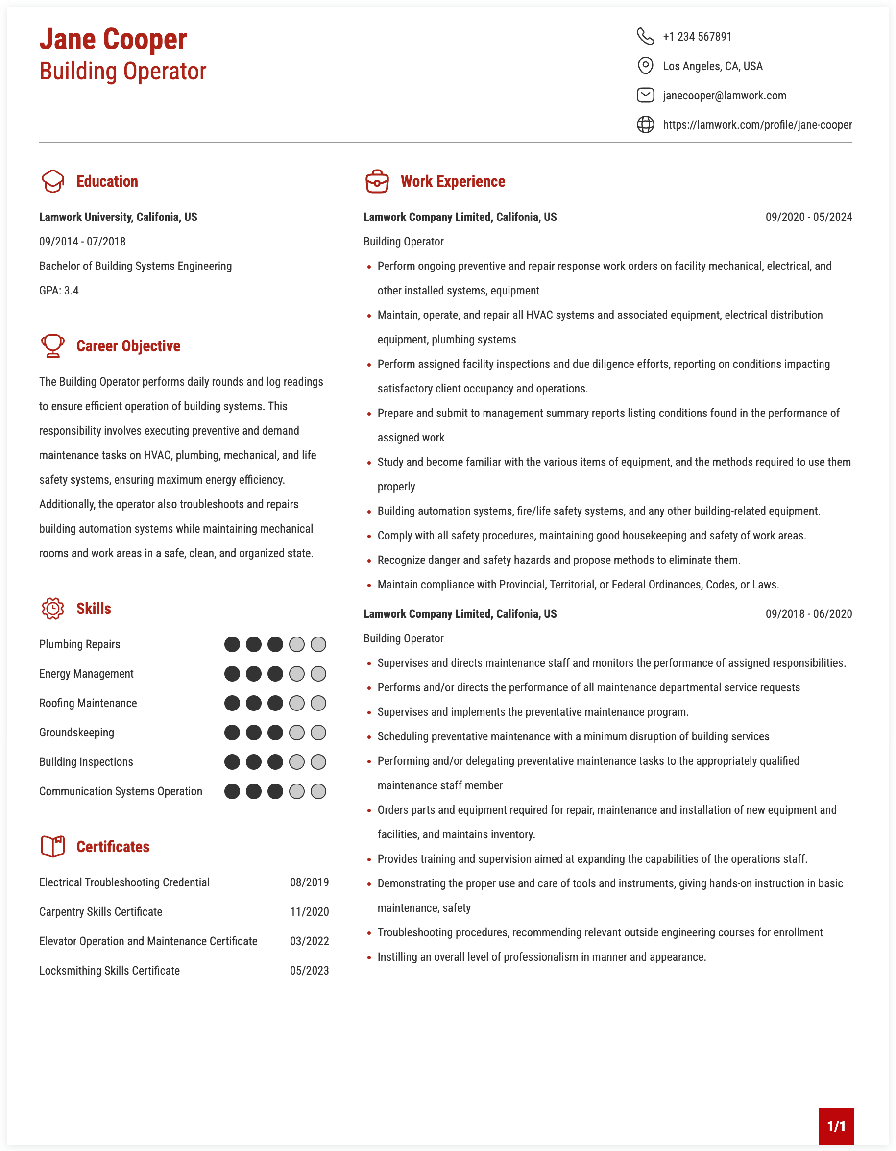 Building Operator Resume Example