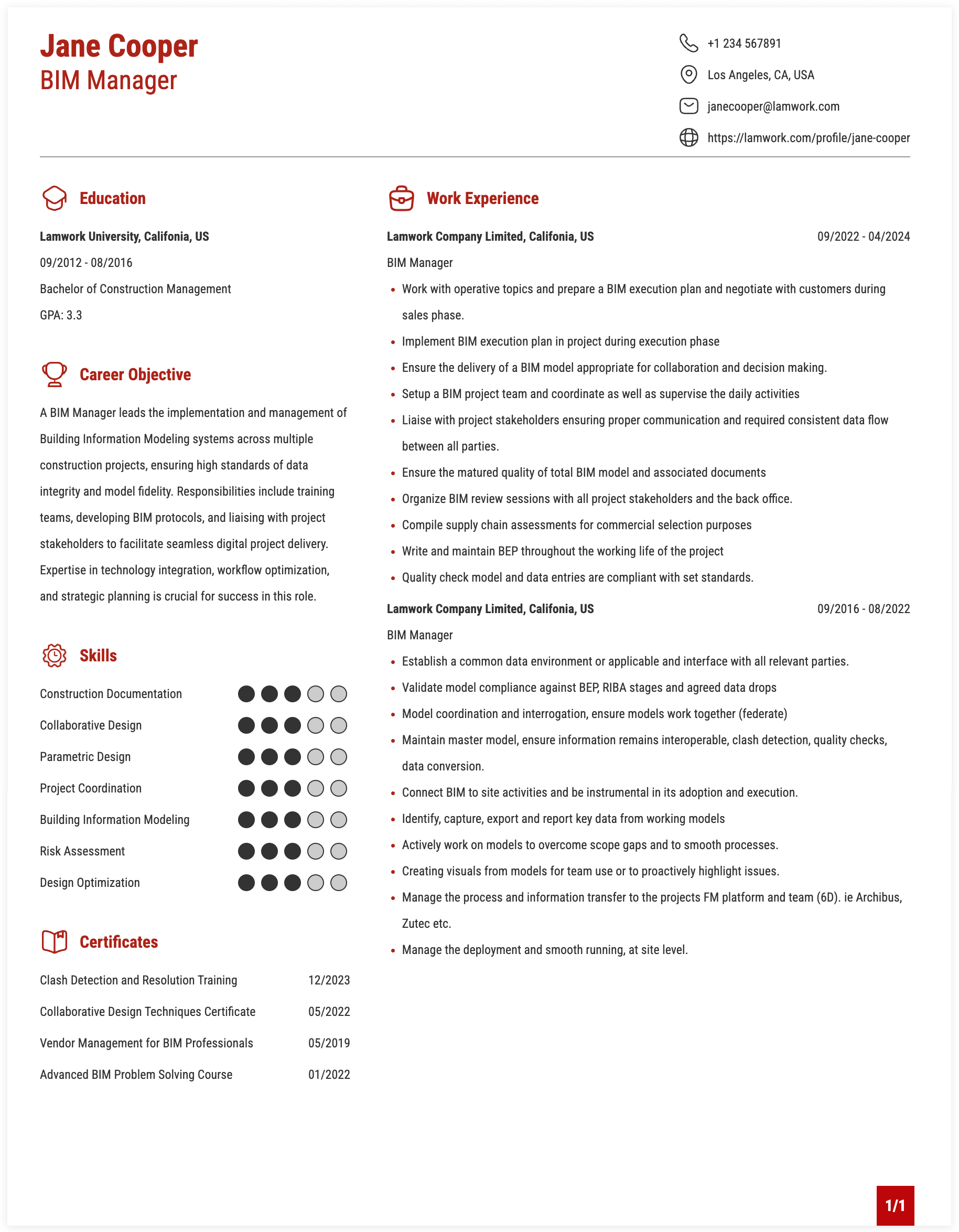 BIM Manager Resume Example