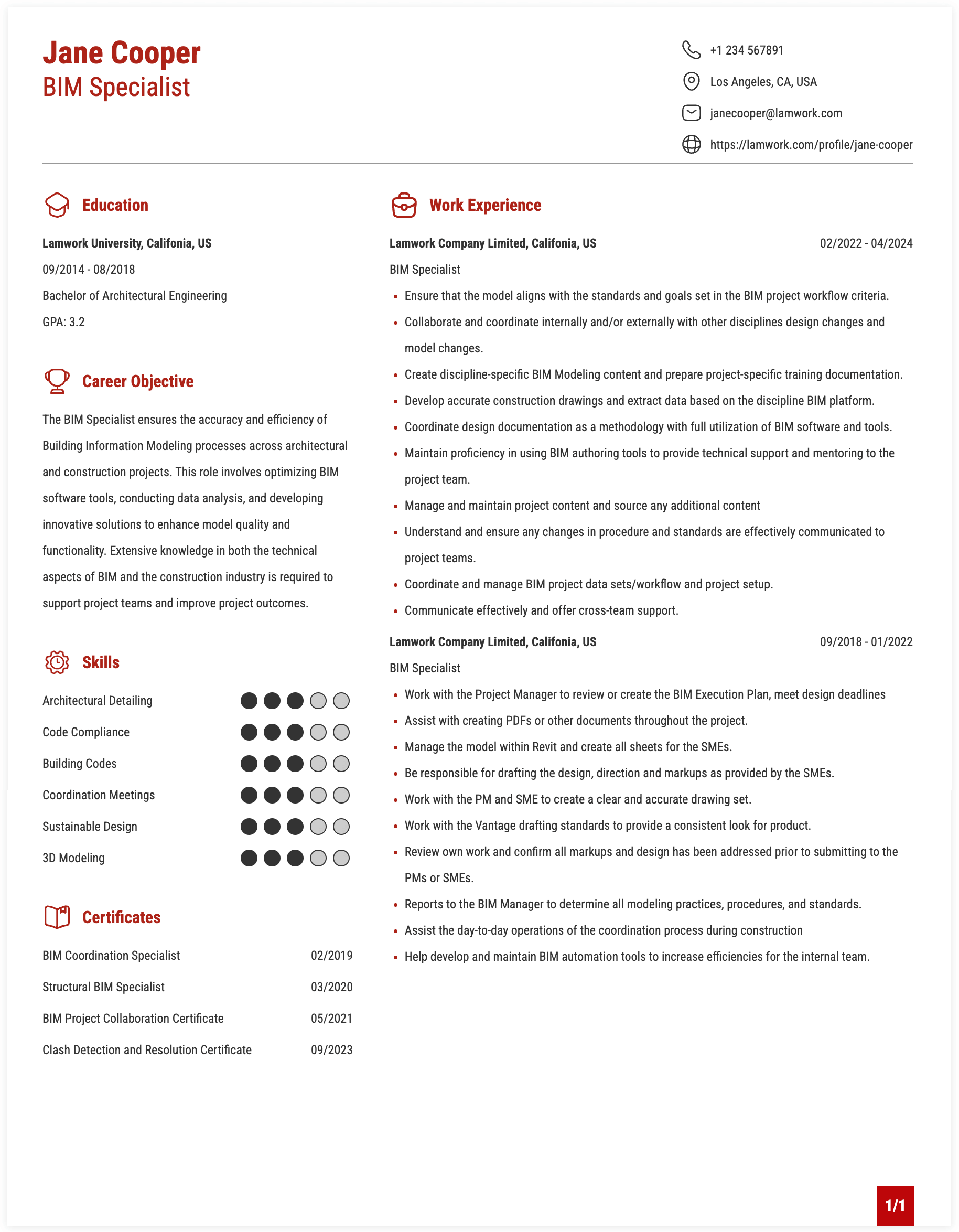 BIM Specialist Resume Example