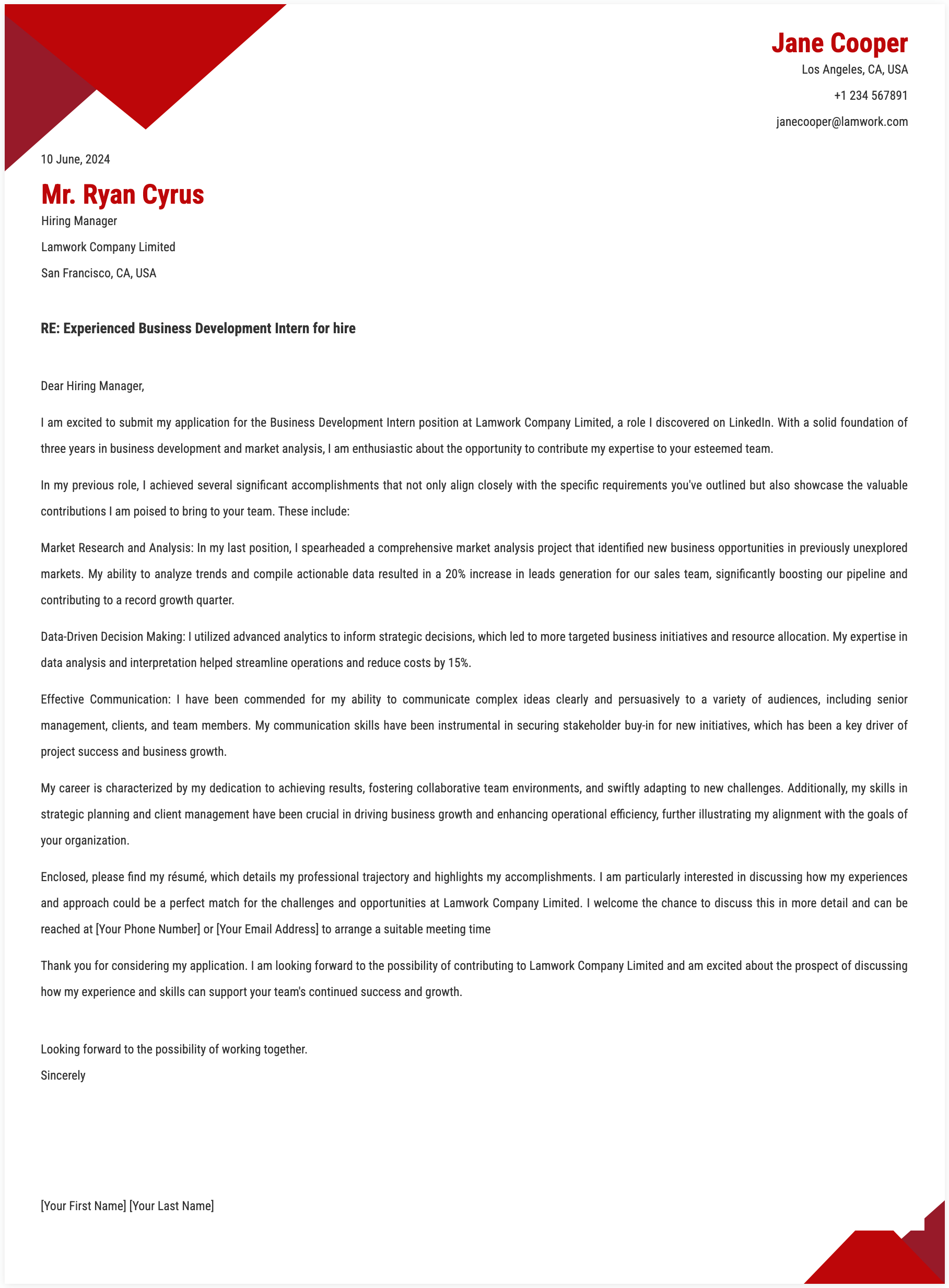 Business Development Intern Cover Letter Template