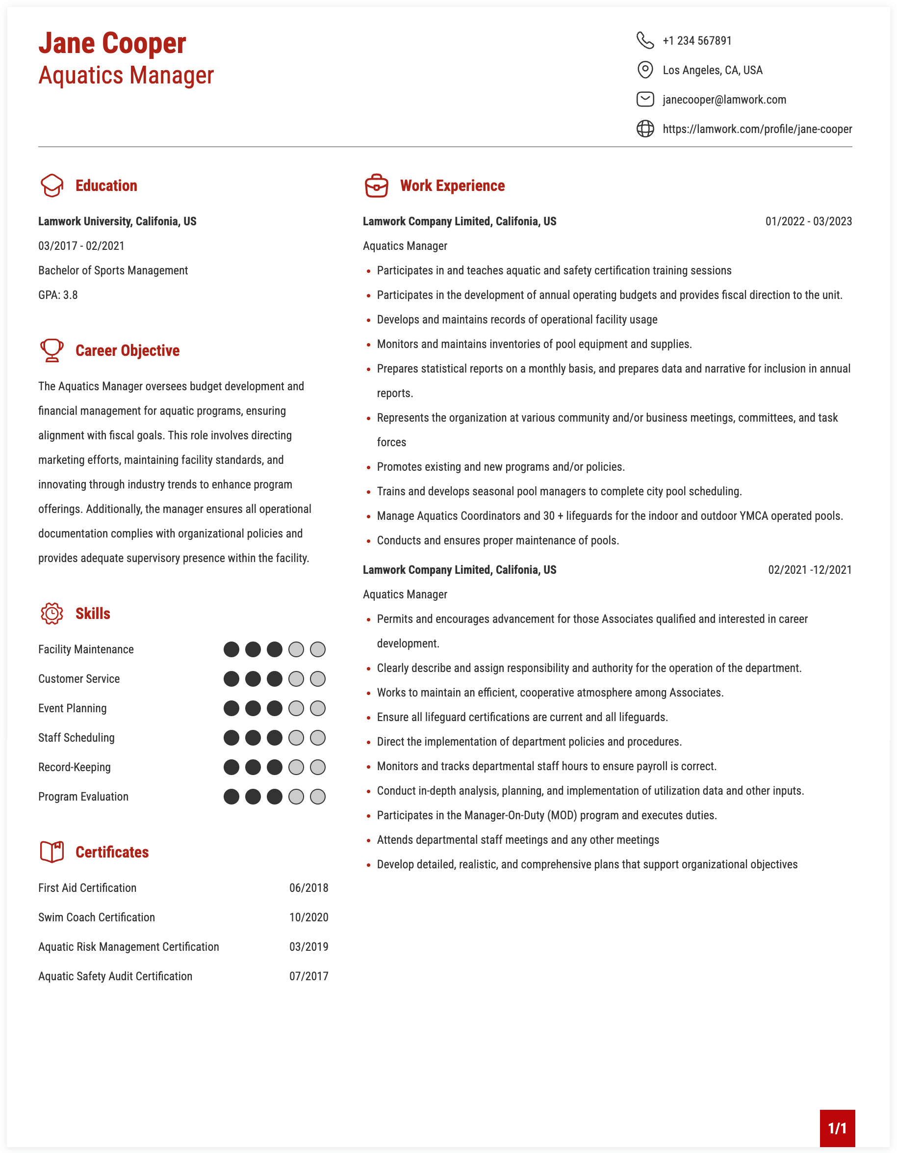 Aquatics Manager Resume Example