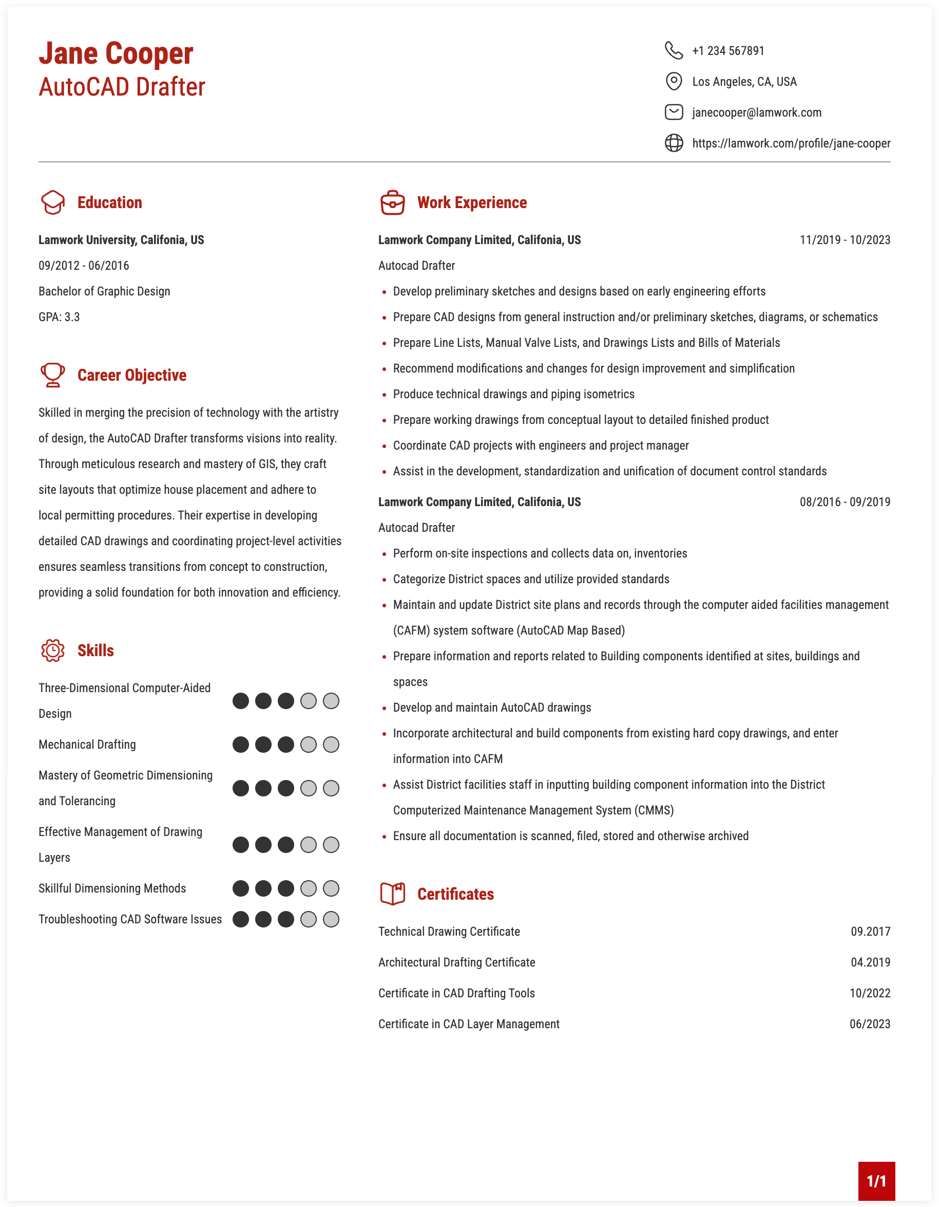 AutoCAD Drafter Resume Example