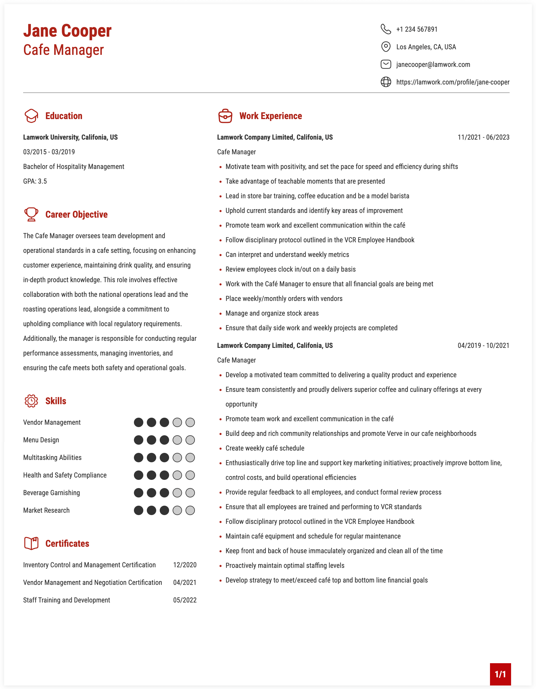 Cafe Manager Resume Example