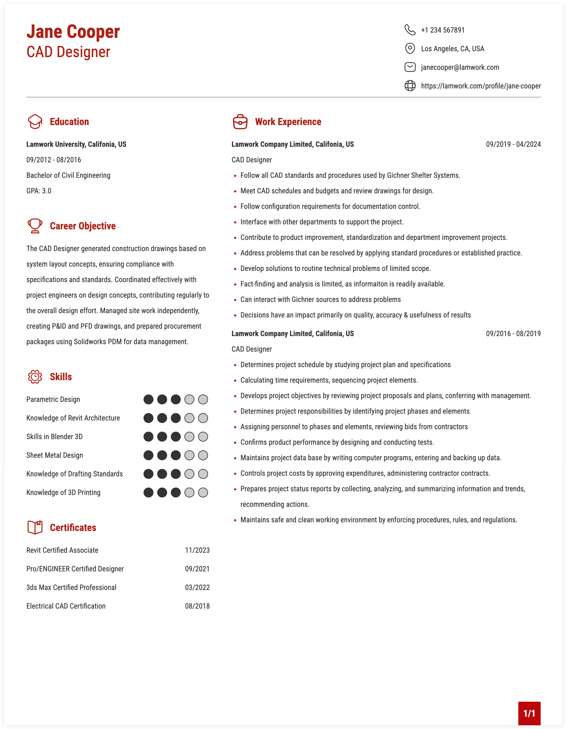 CAD Designer Resume Example