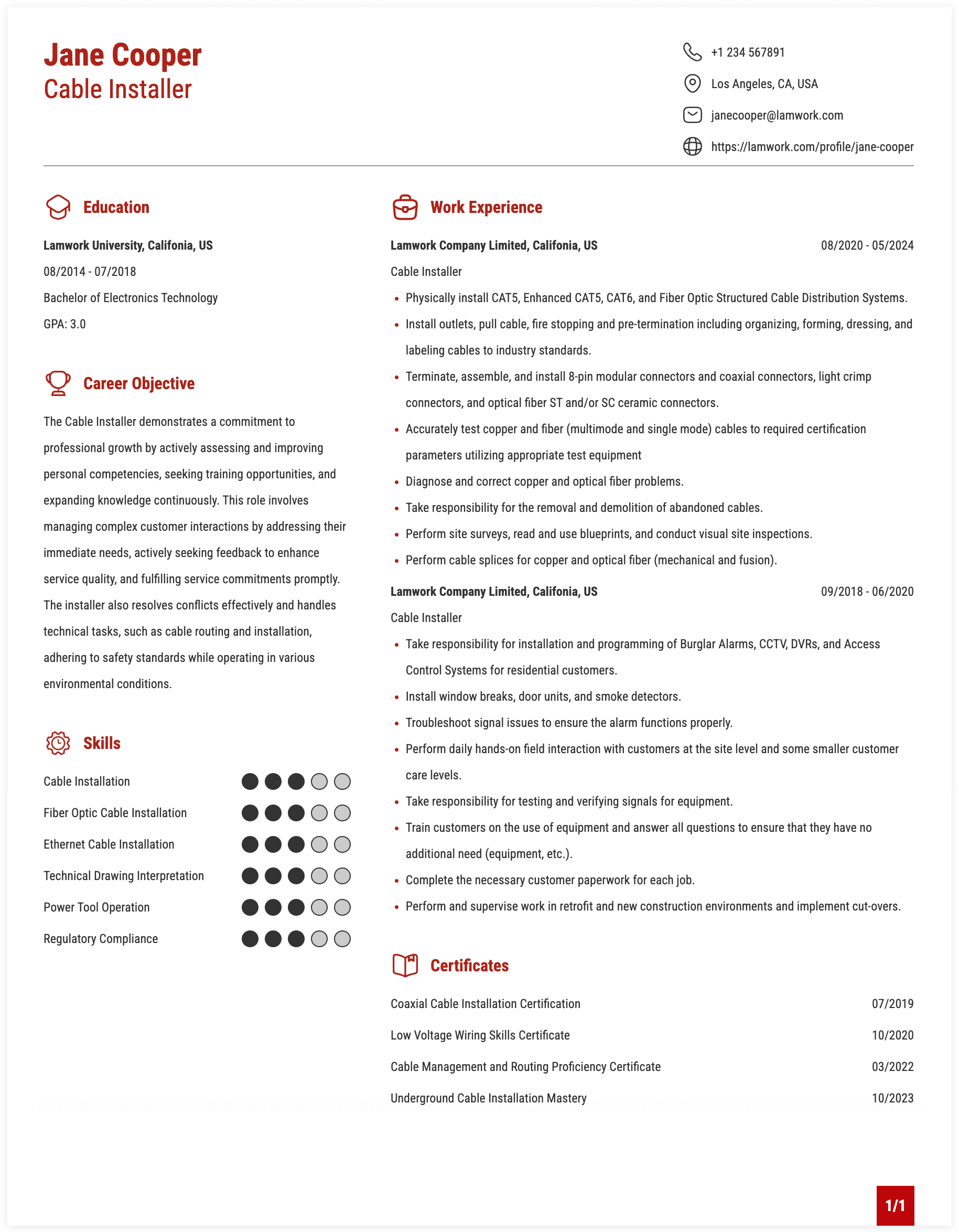 Cable Installer Resume Example