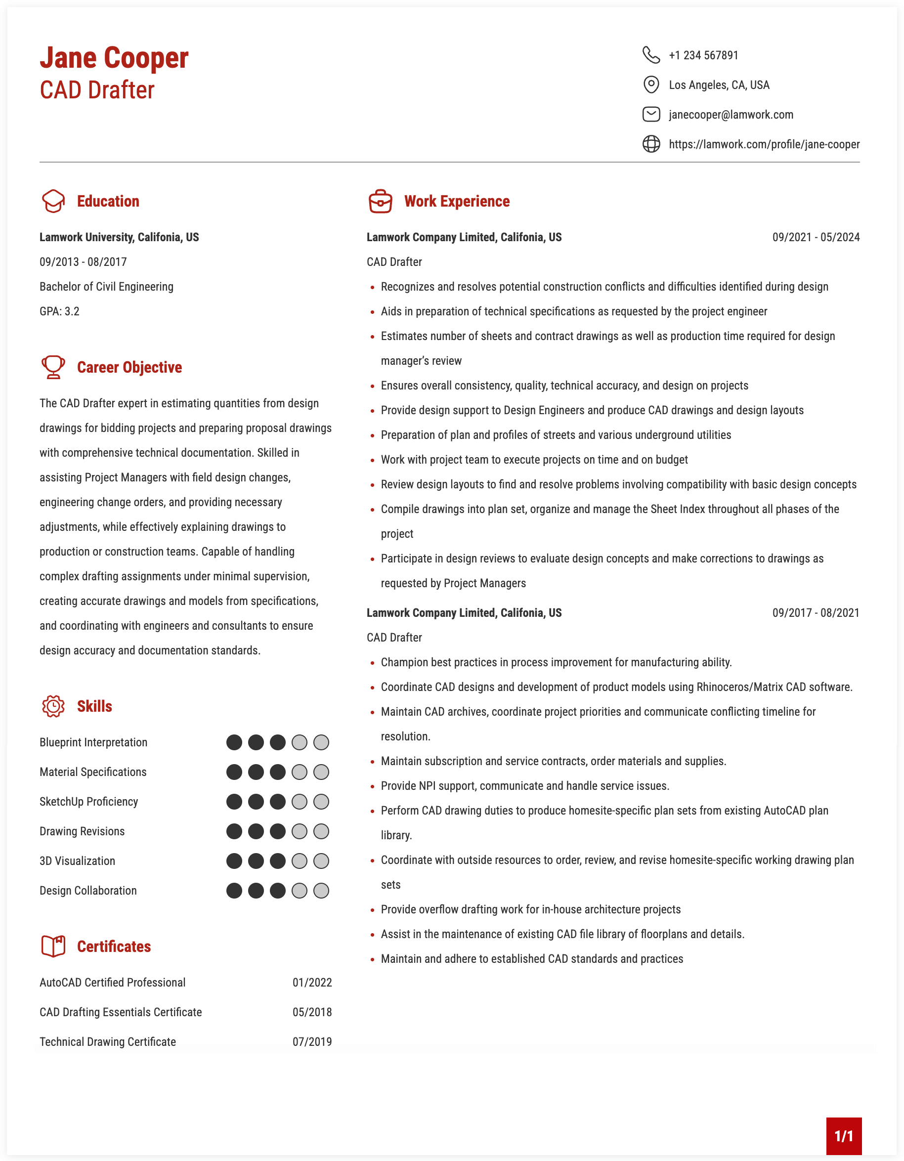 CAD Drafter Resume Example
