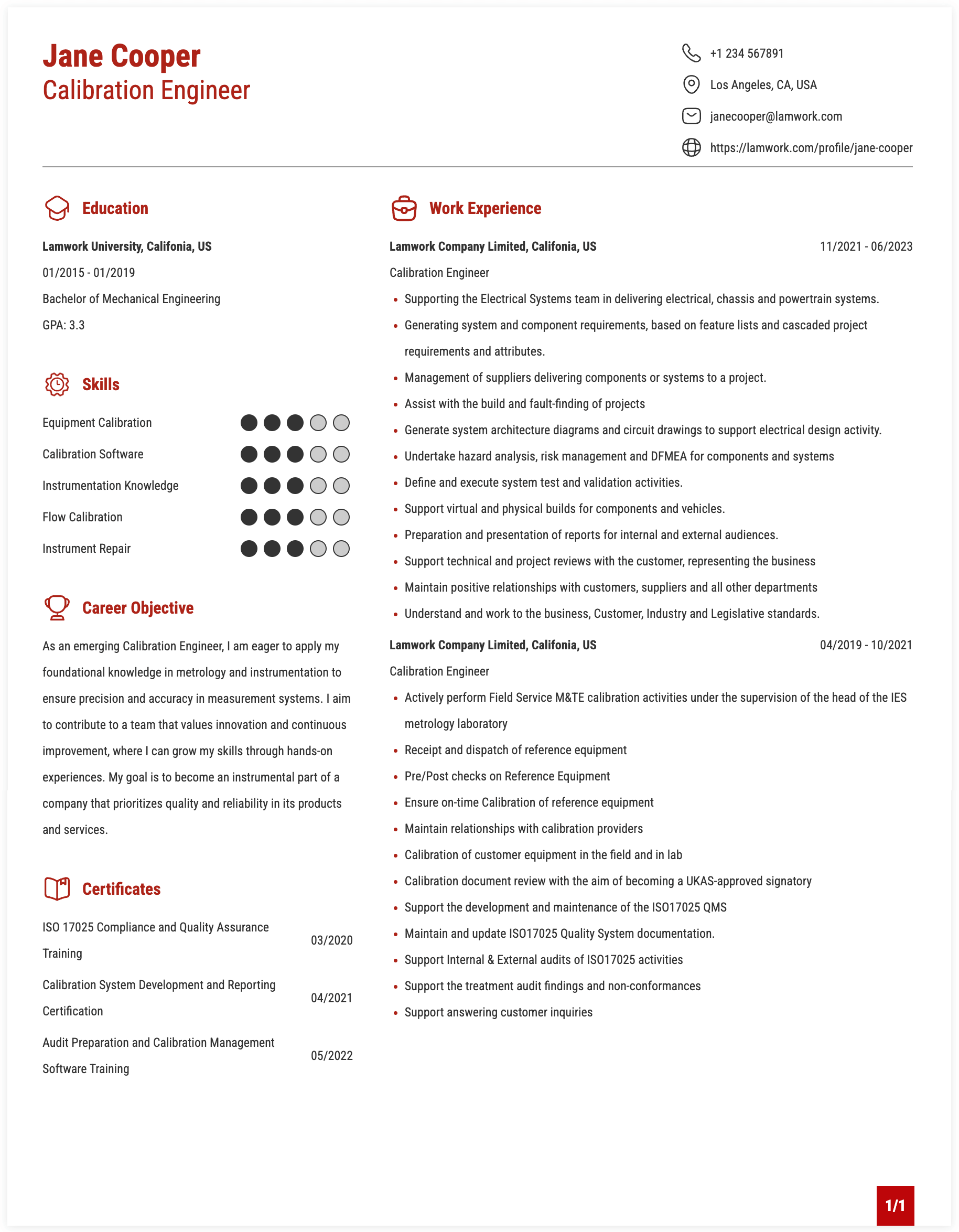 Calibration Engineer Resume Example
