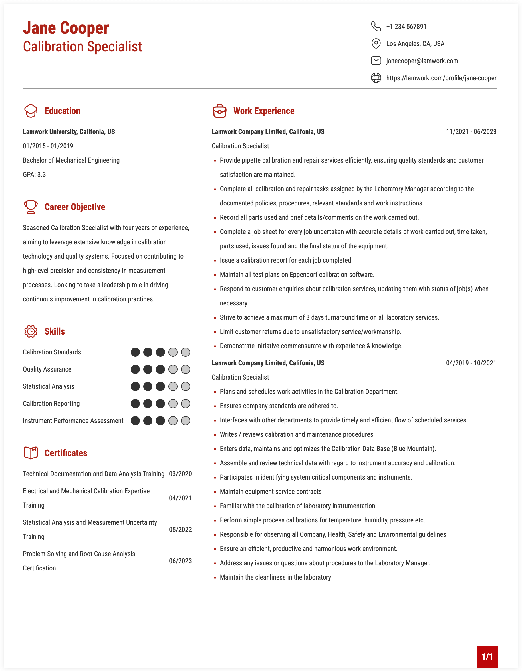 Calibration Specialist Resume Example
