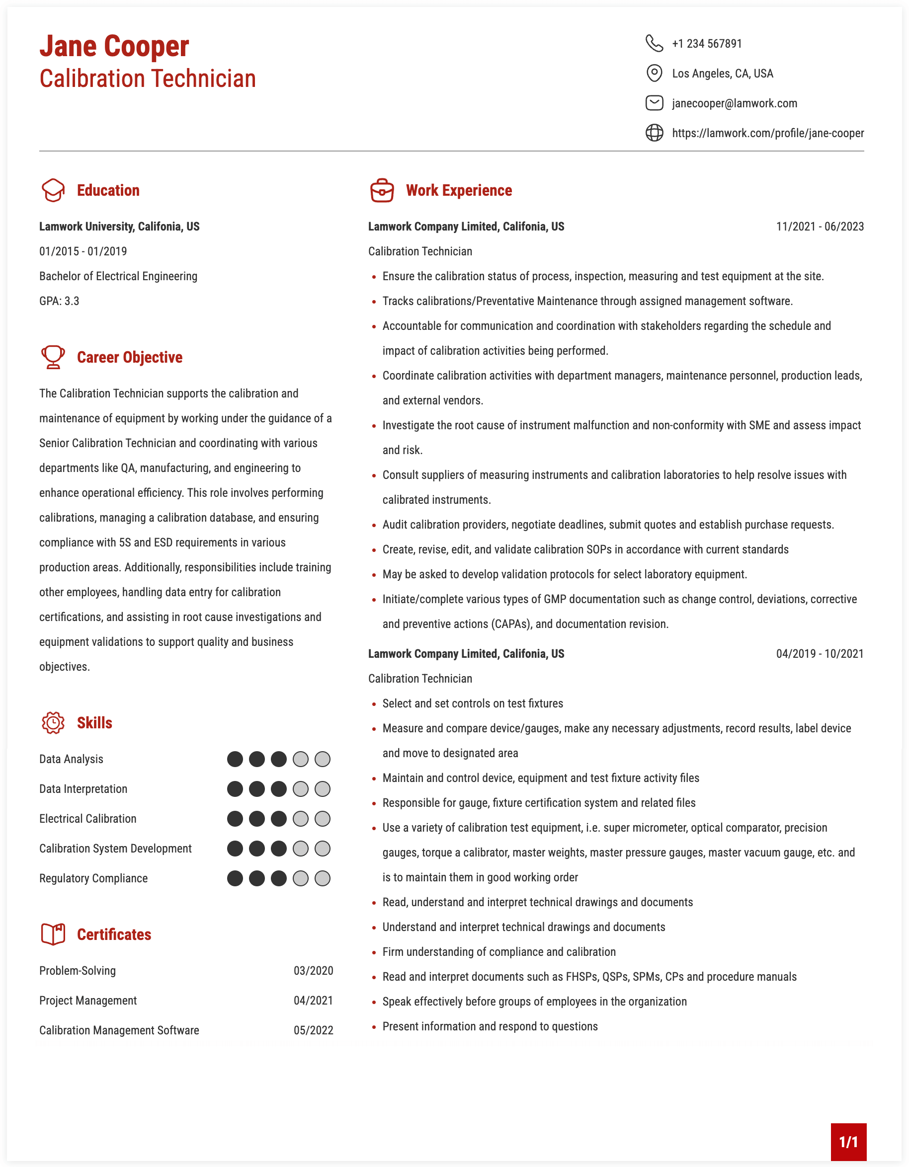 Calibration Technician Resume Example
