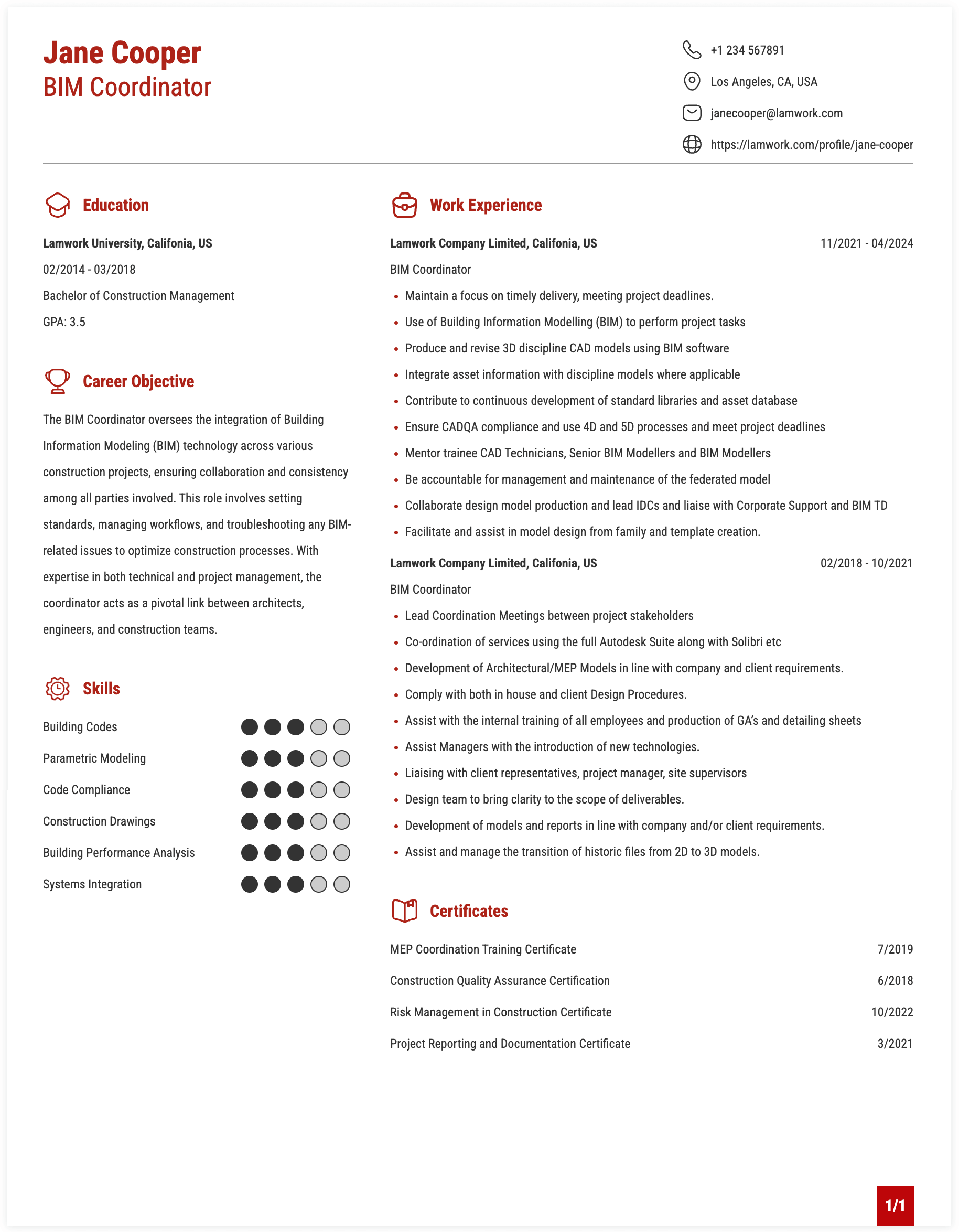 BIM Coordinator Resume Example
