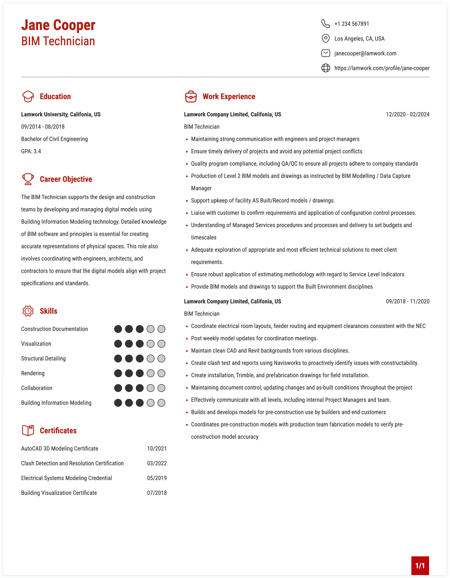 BIM Technician Resume Example