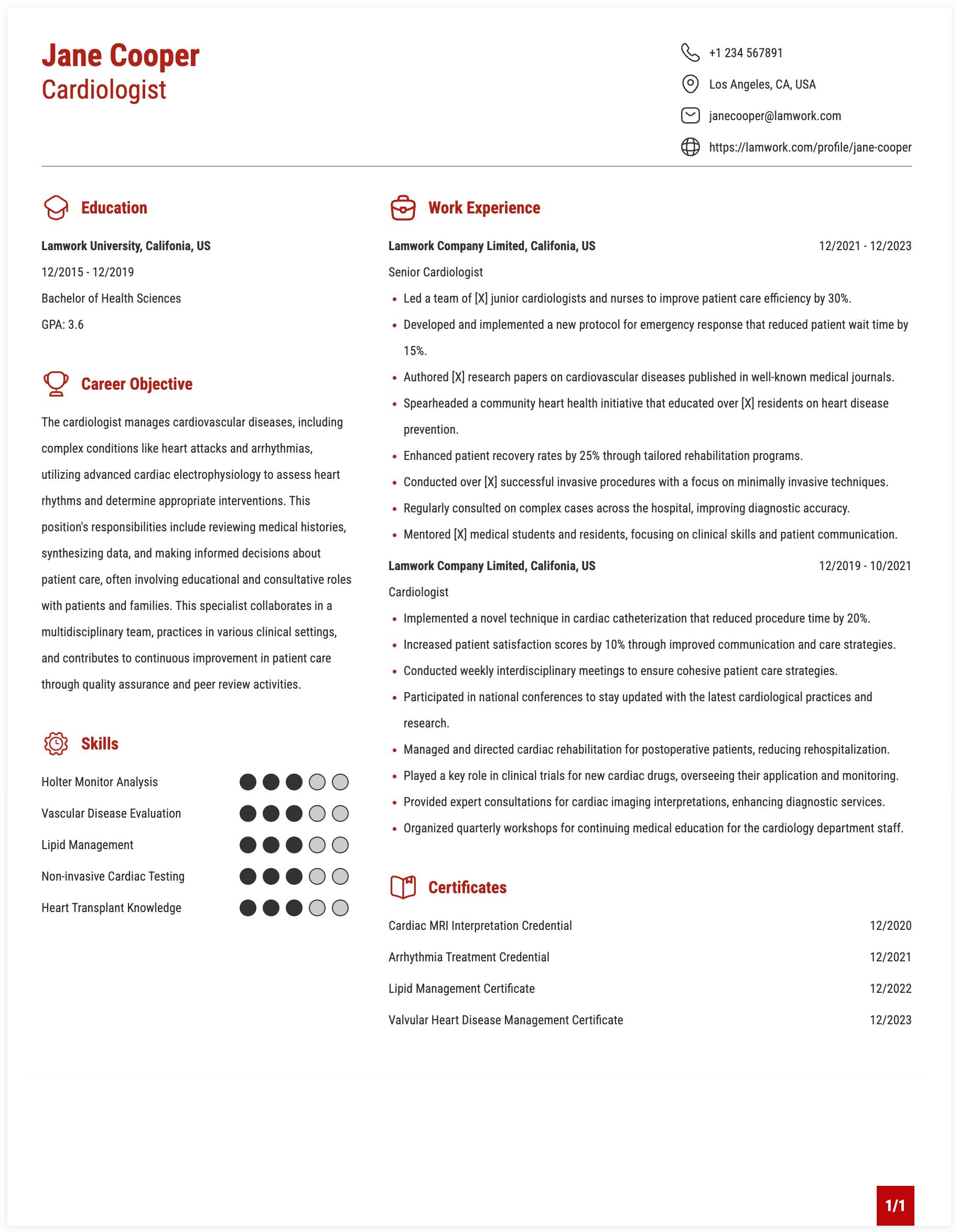 Cardiologist Resume Example
