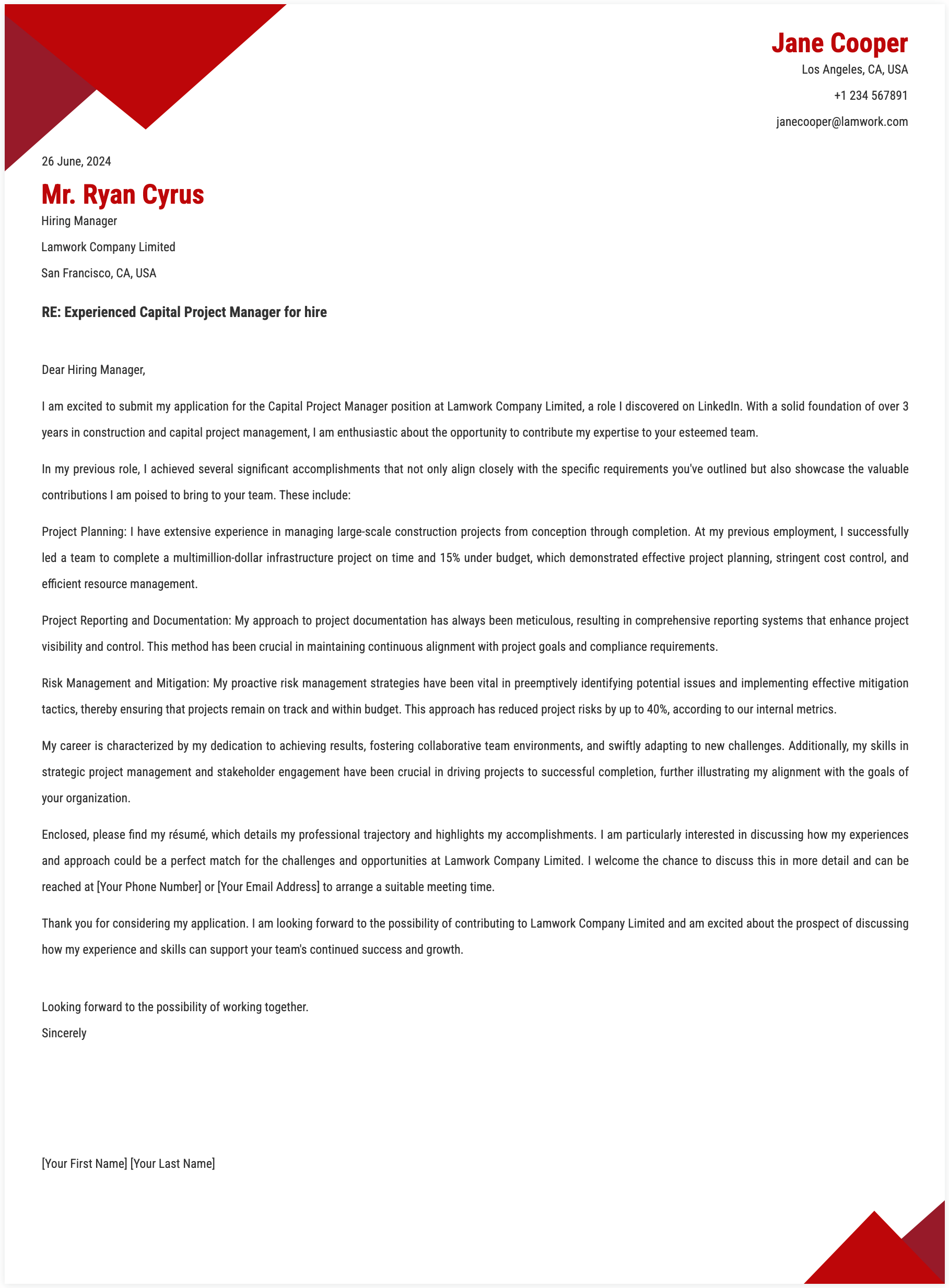 Capital Project Manager Cover Letter Template