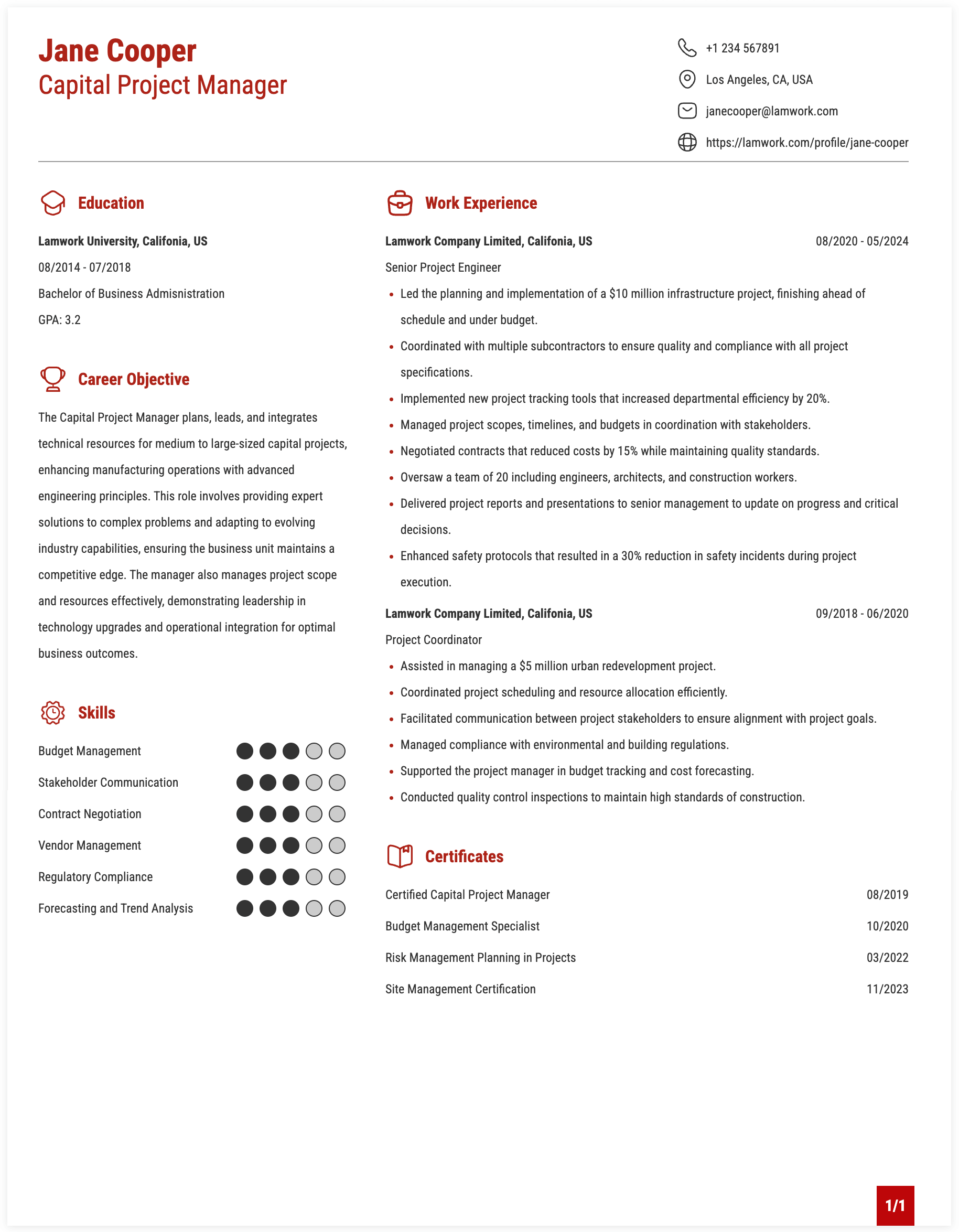 Capital Project Manager Resume Example