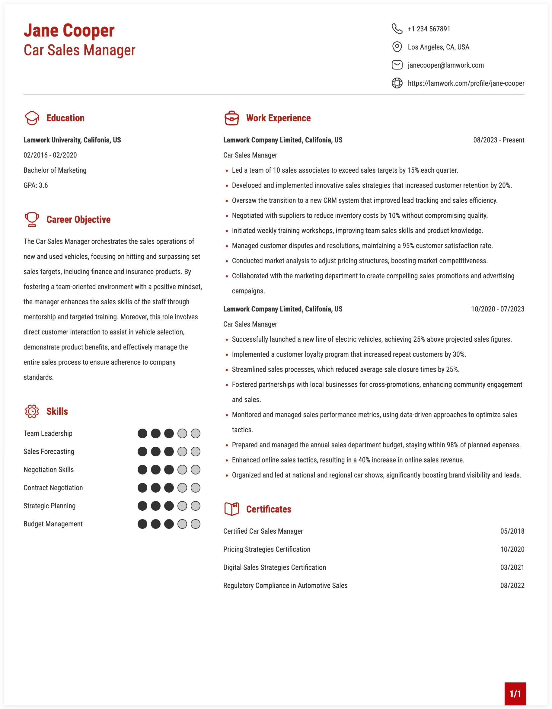 Car Sales Manager Resume Example