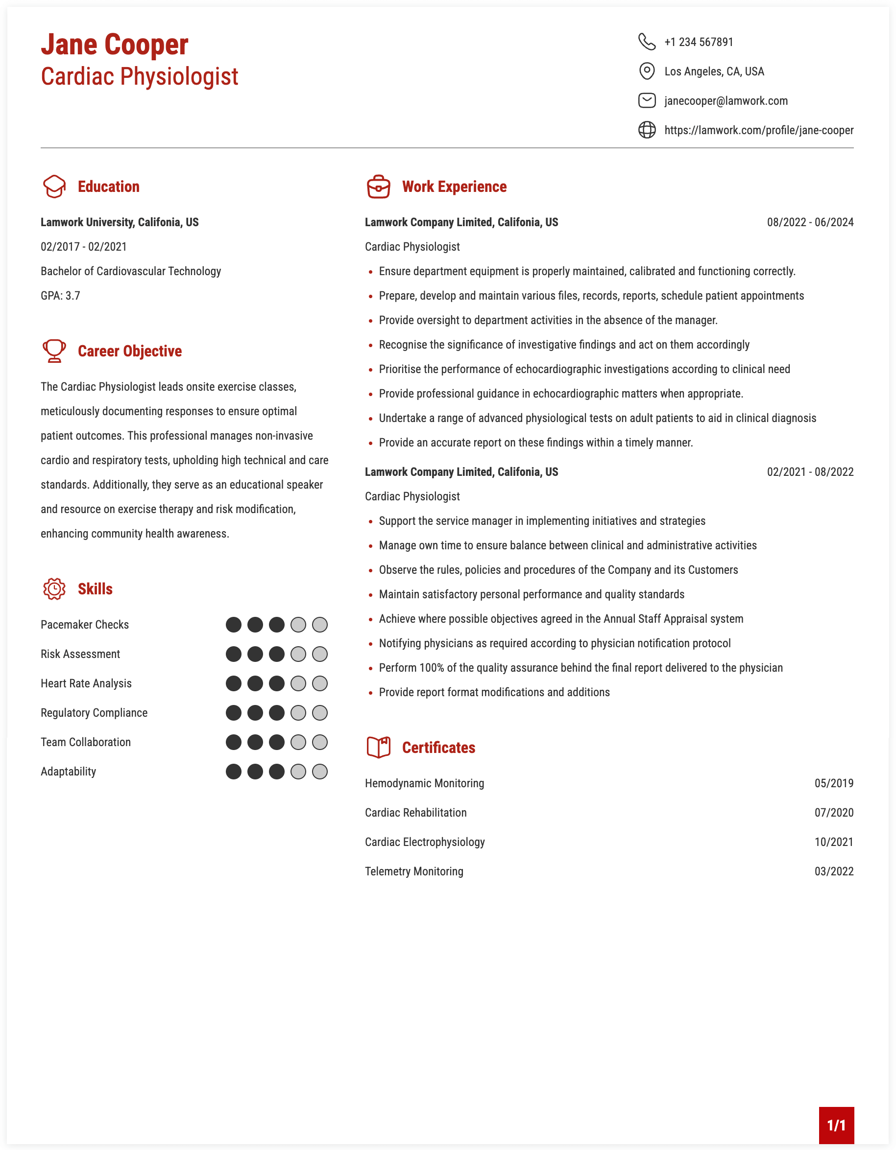 Cardiac Physiologist Resume Example