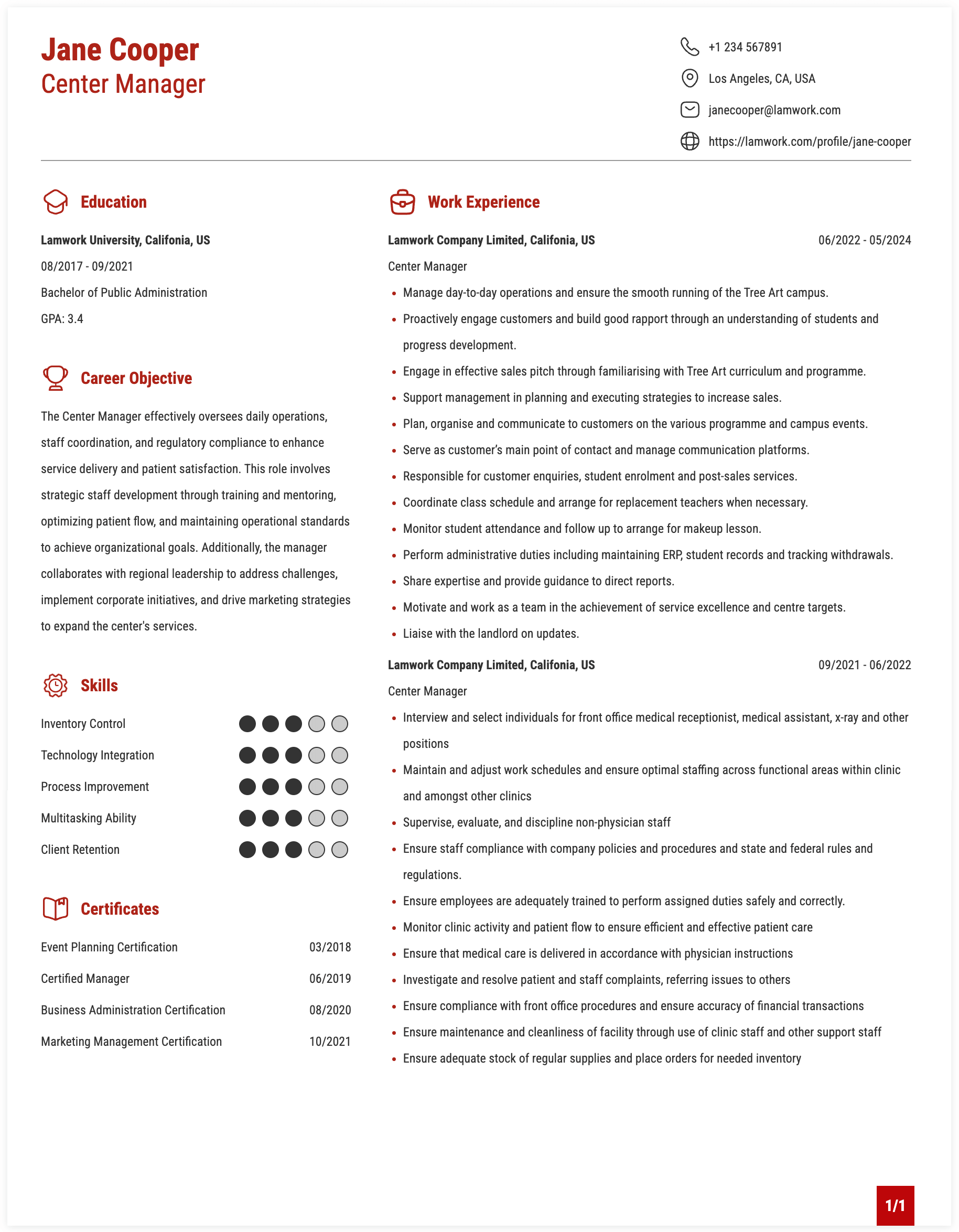 Center Manager Resume Example