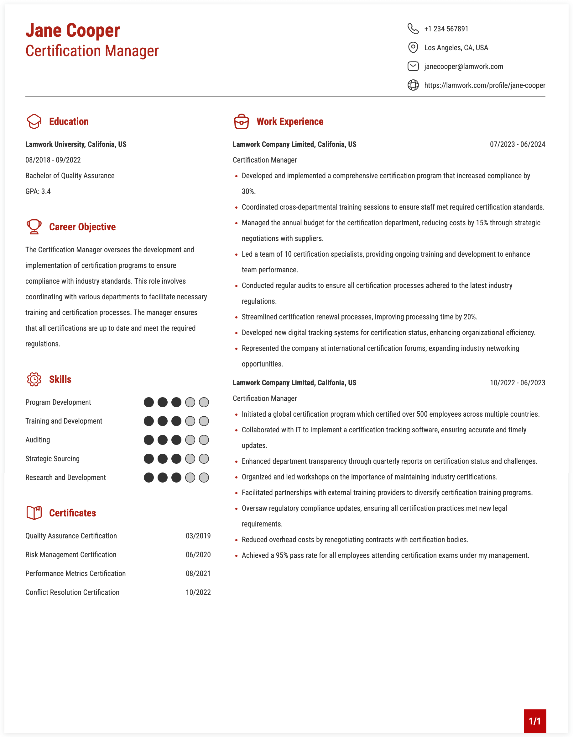 Certification Manager Resume Example