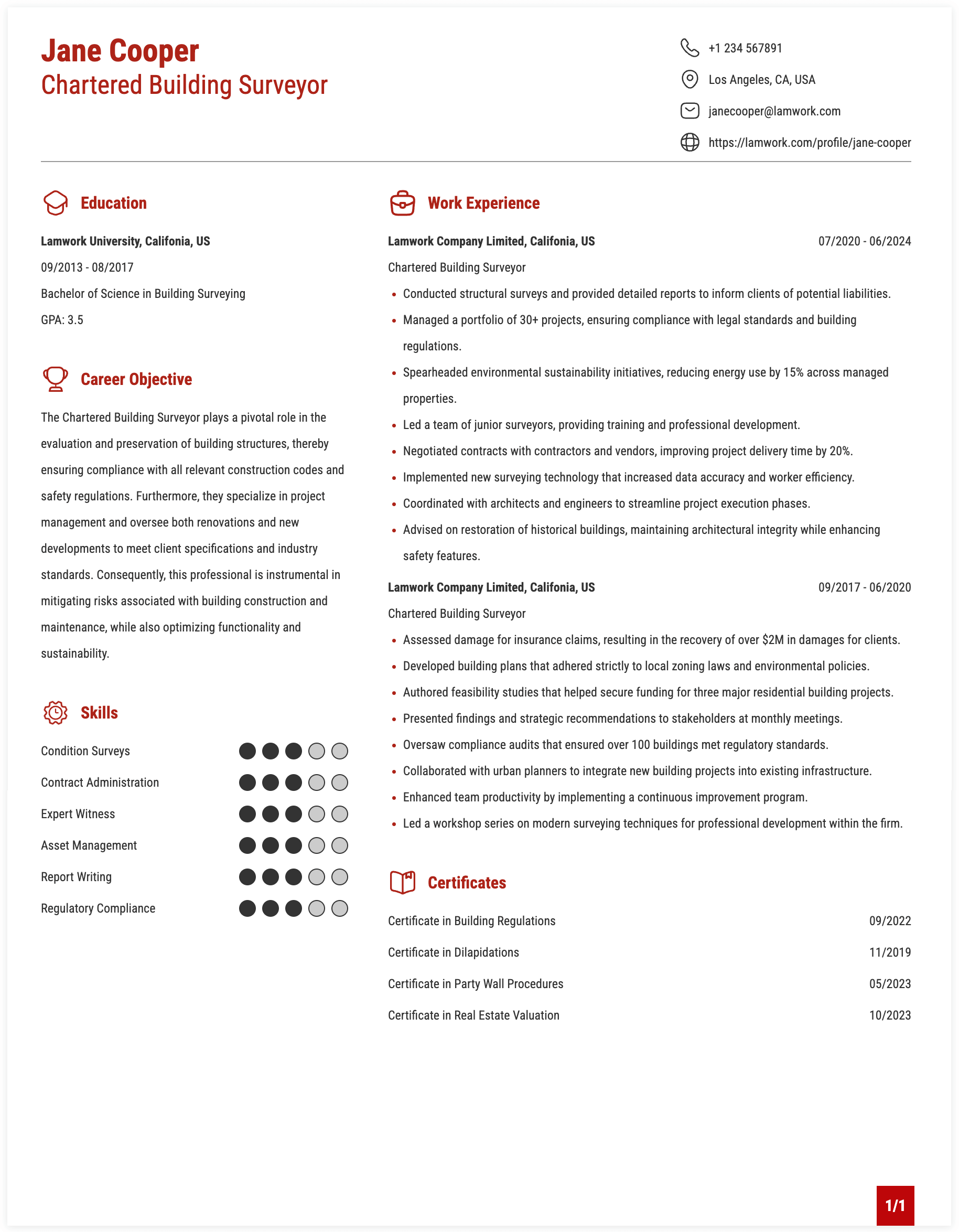 Chartered Building Surveyor Resume Example