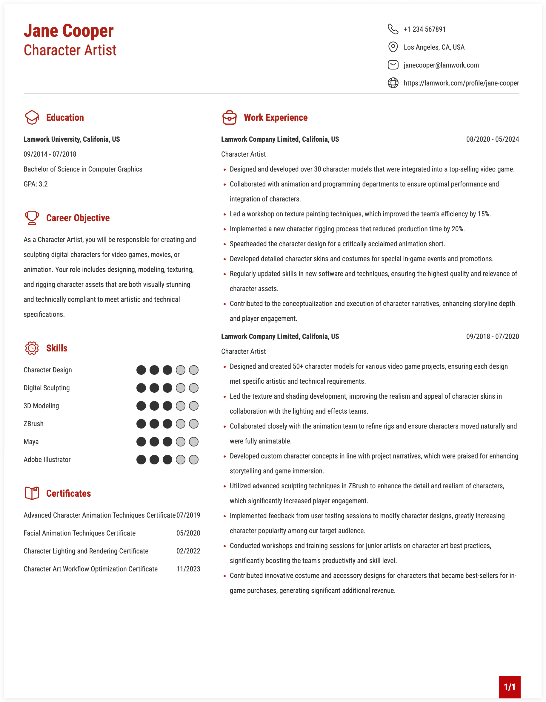 Character Artist Resume Example