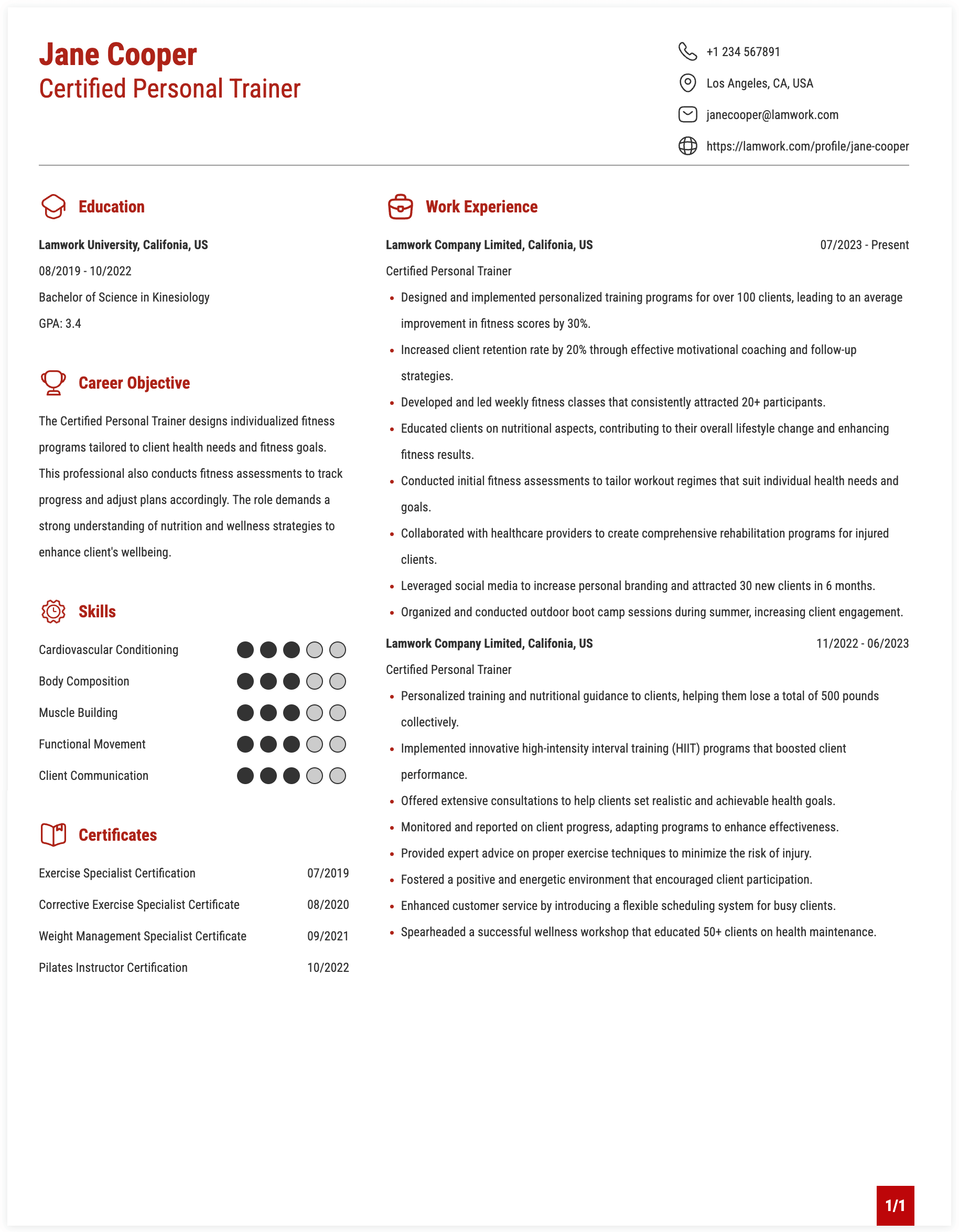 Certified Personal Trainer Resume Example