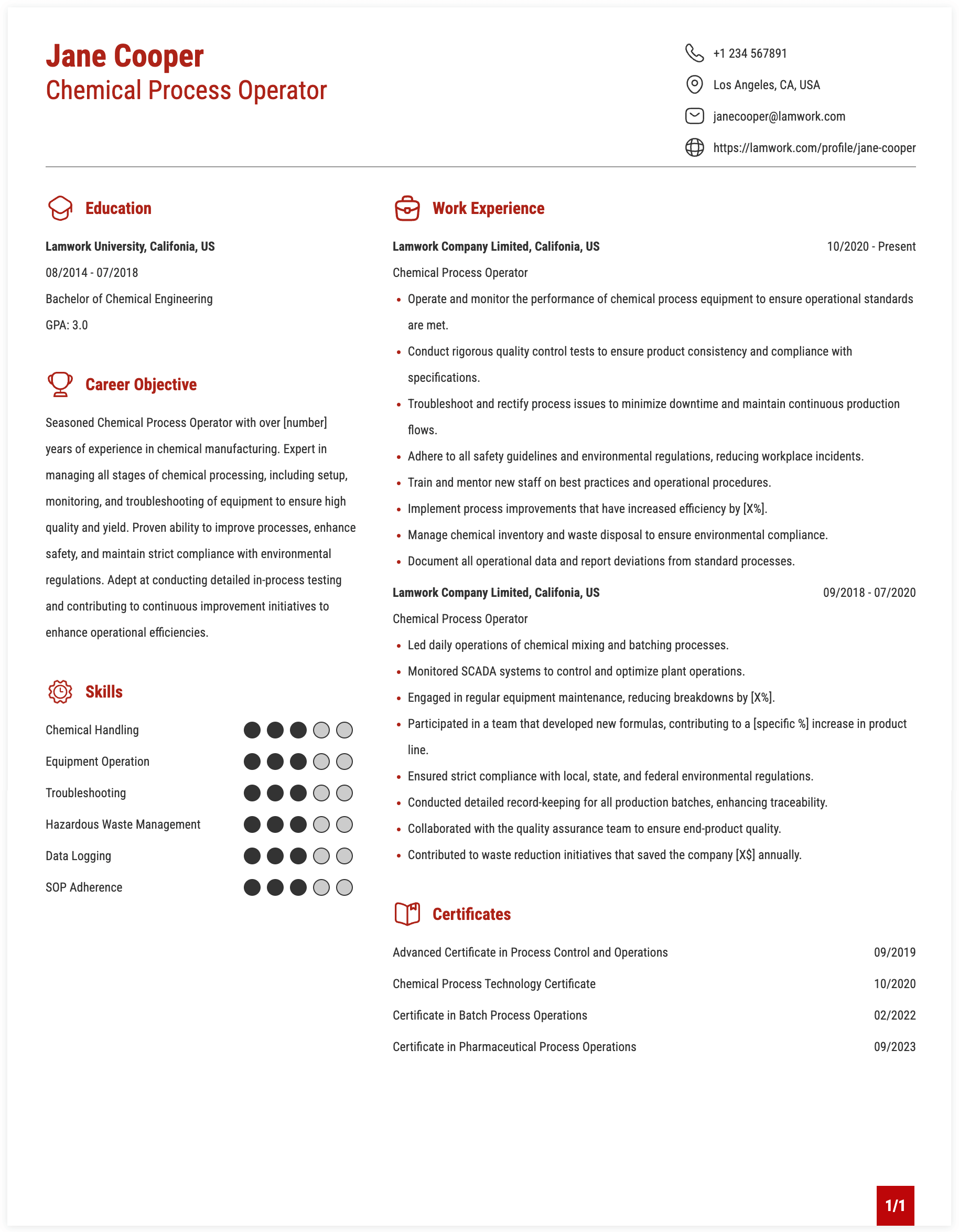 Chemical Process Operator Resume Example