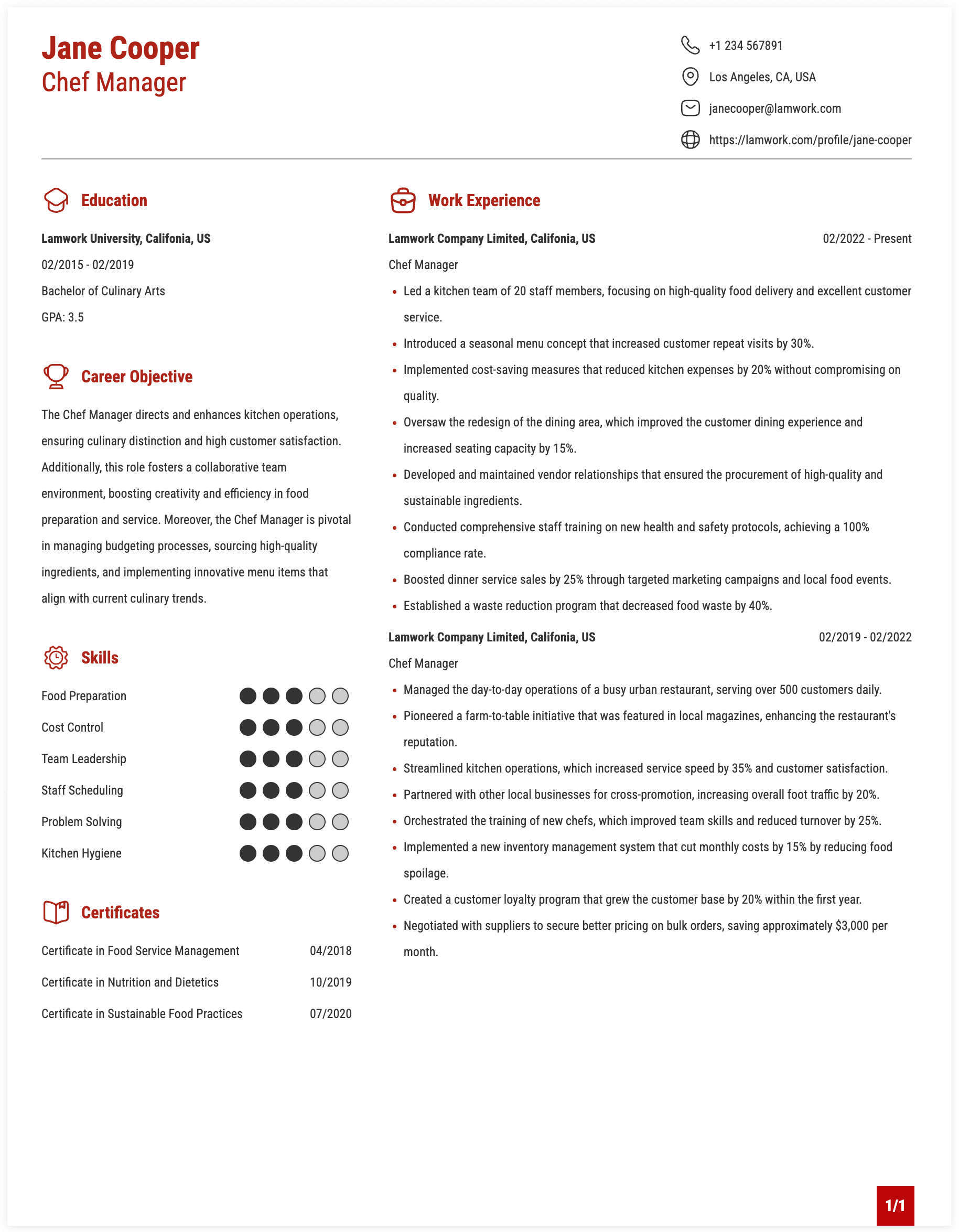 Chef Manager Resume Example