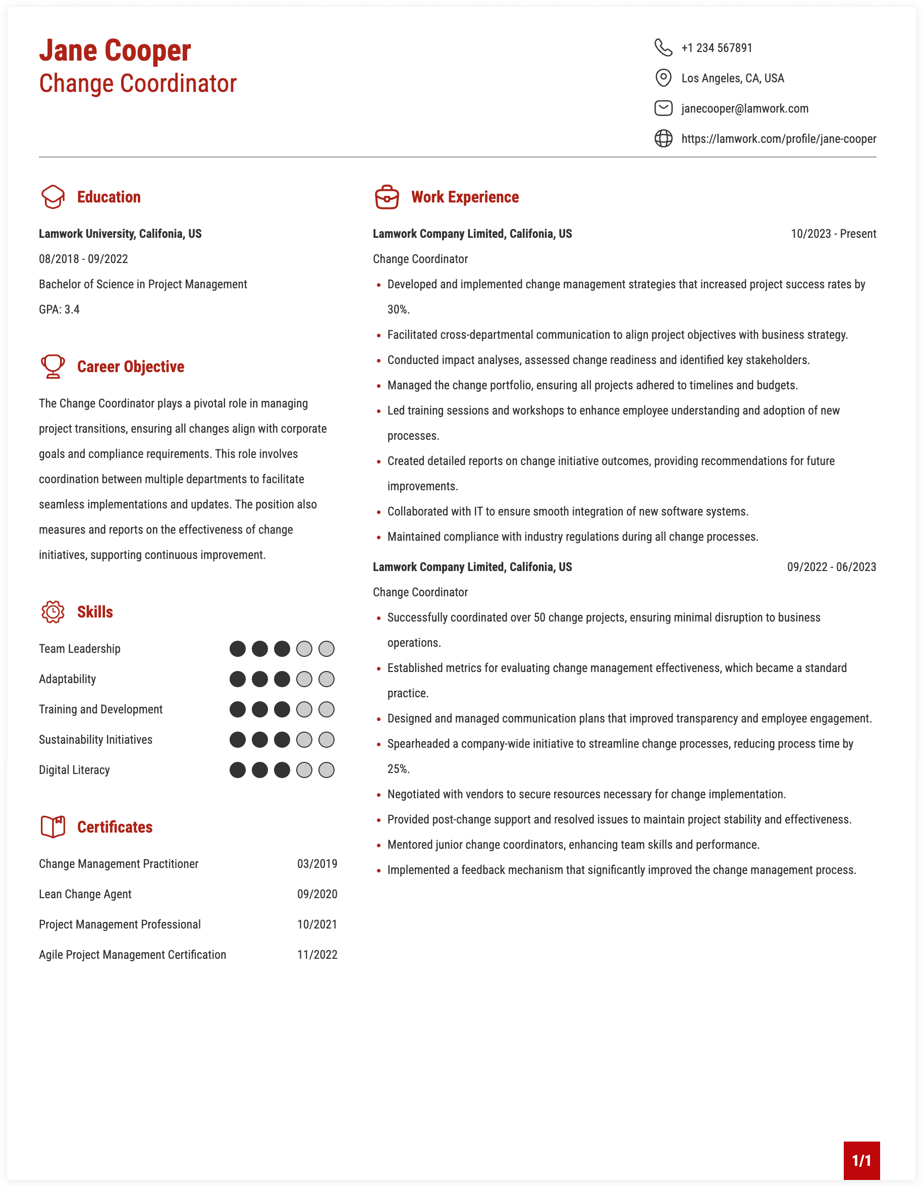 Change Coordinator Resume Example