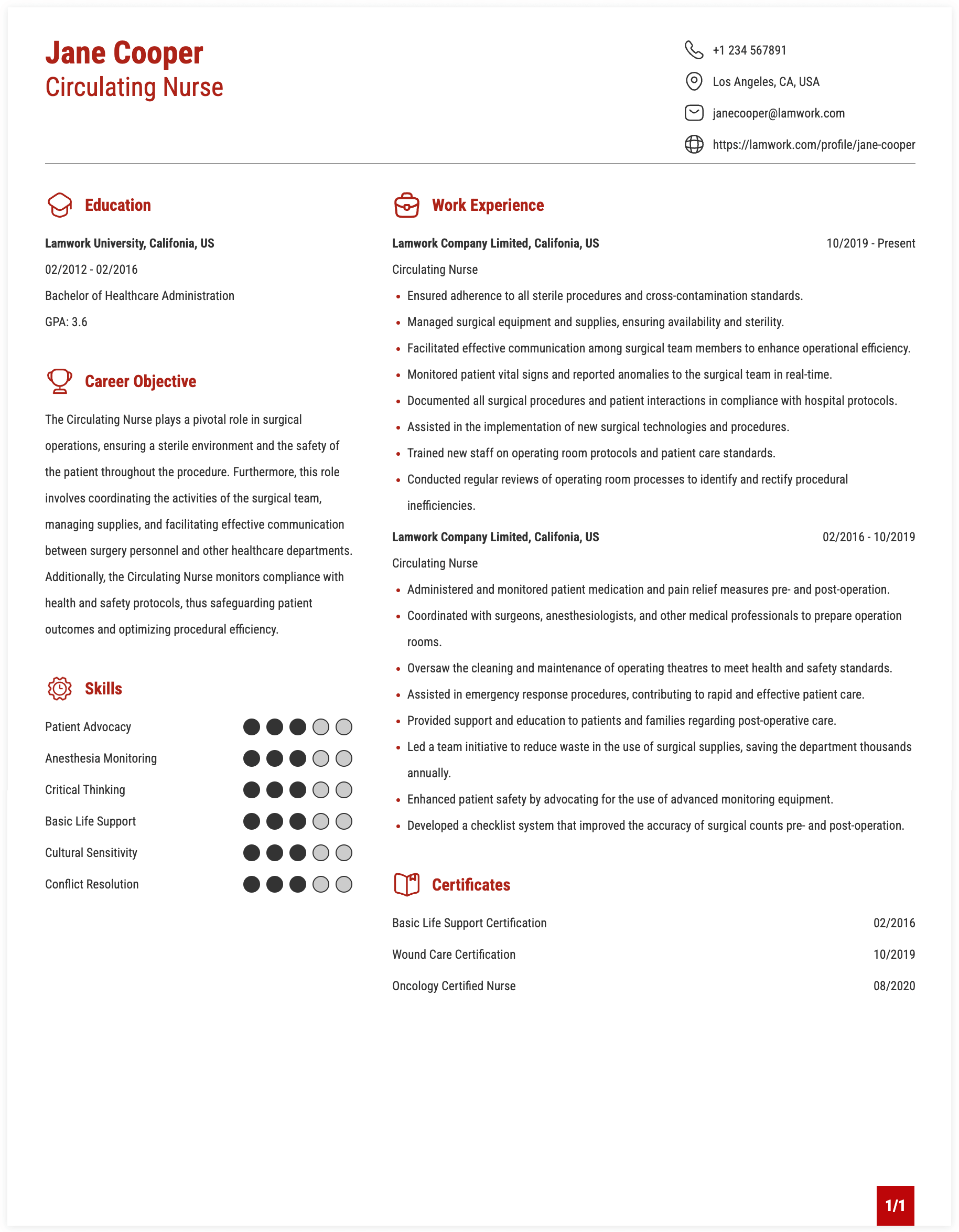 Circulating Nurse Resume Example