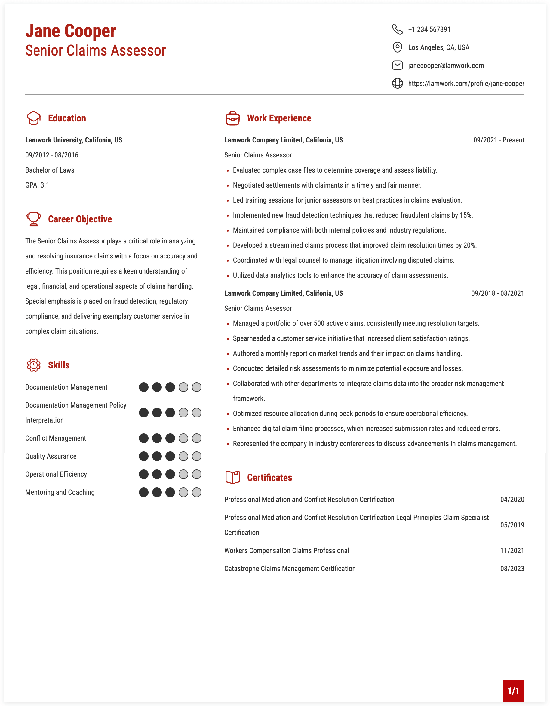 Senior Claims Assessor Resume Example