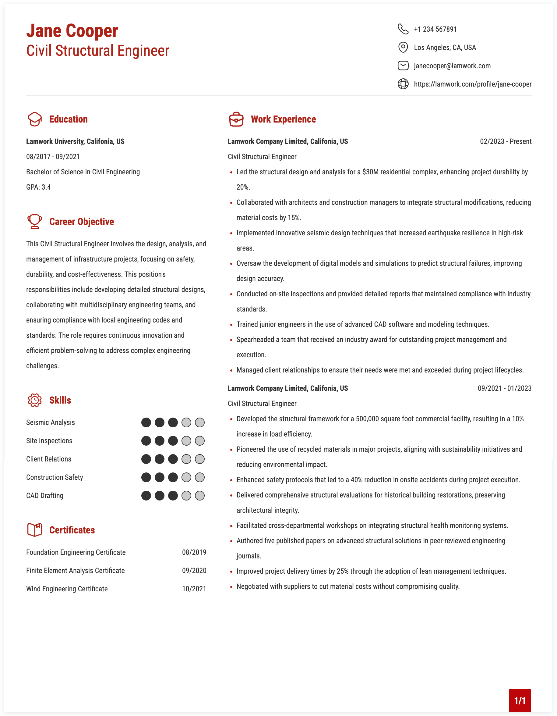 Civil Structural Engineer Resume Example
