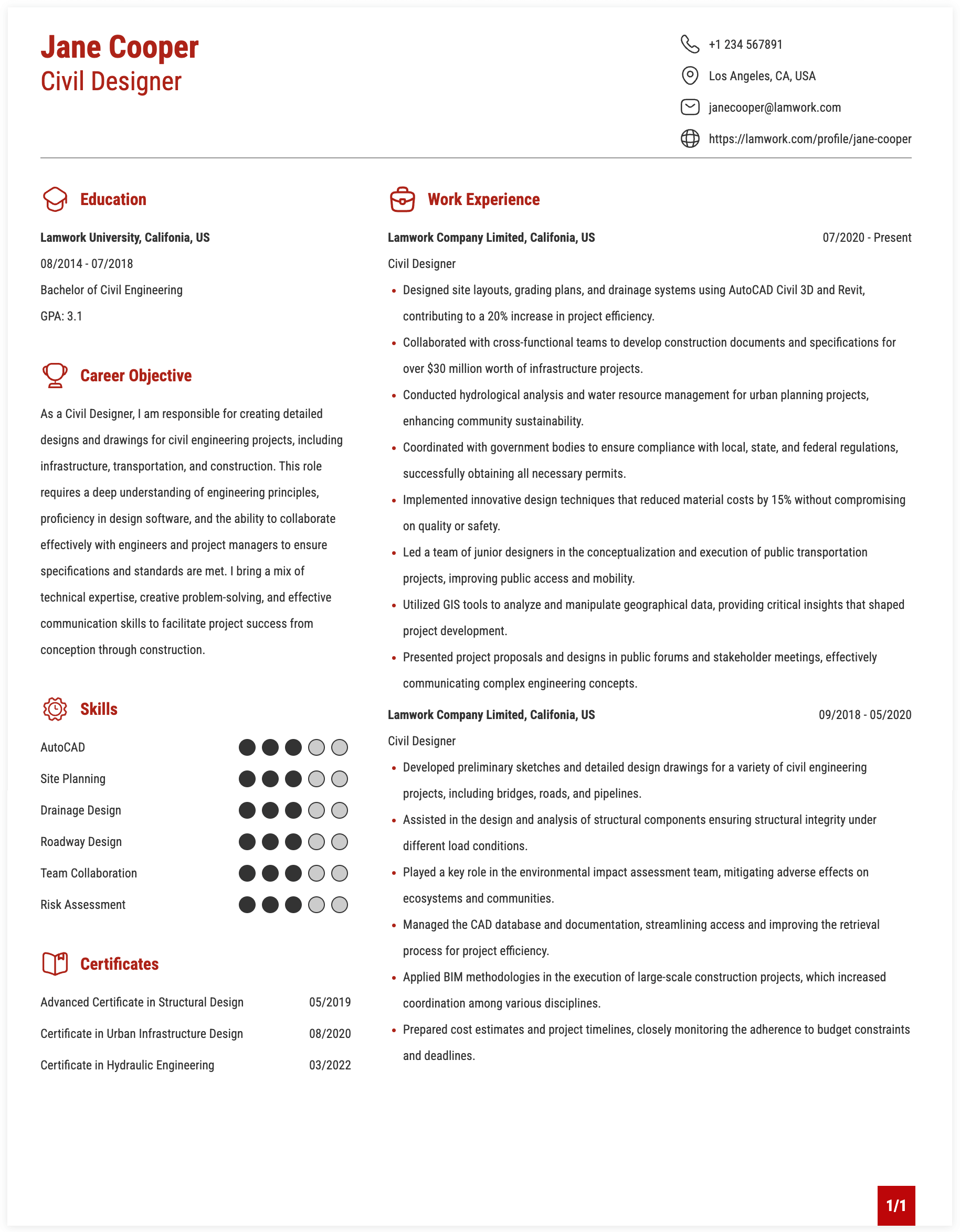 Civil Designer Resume Example