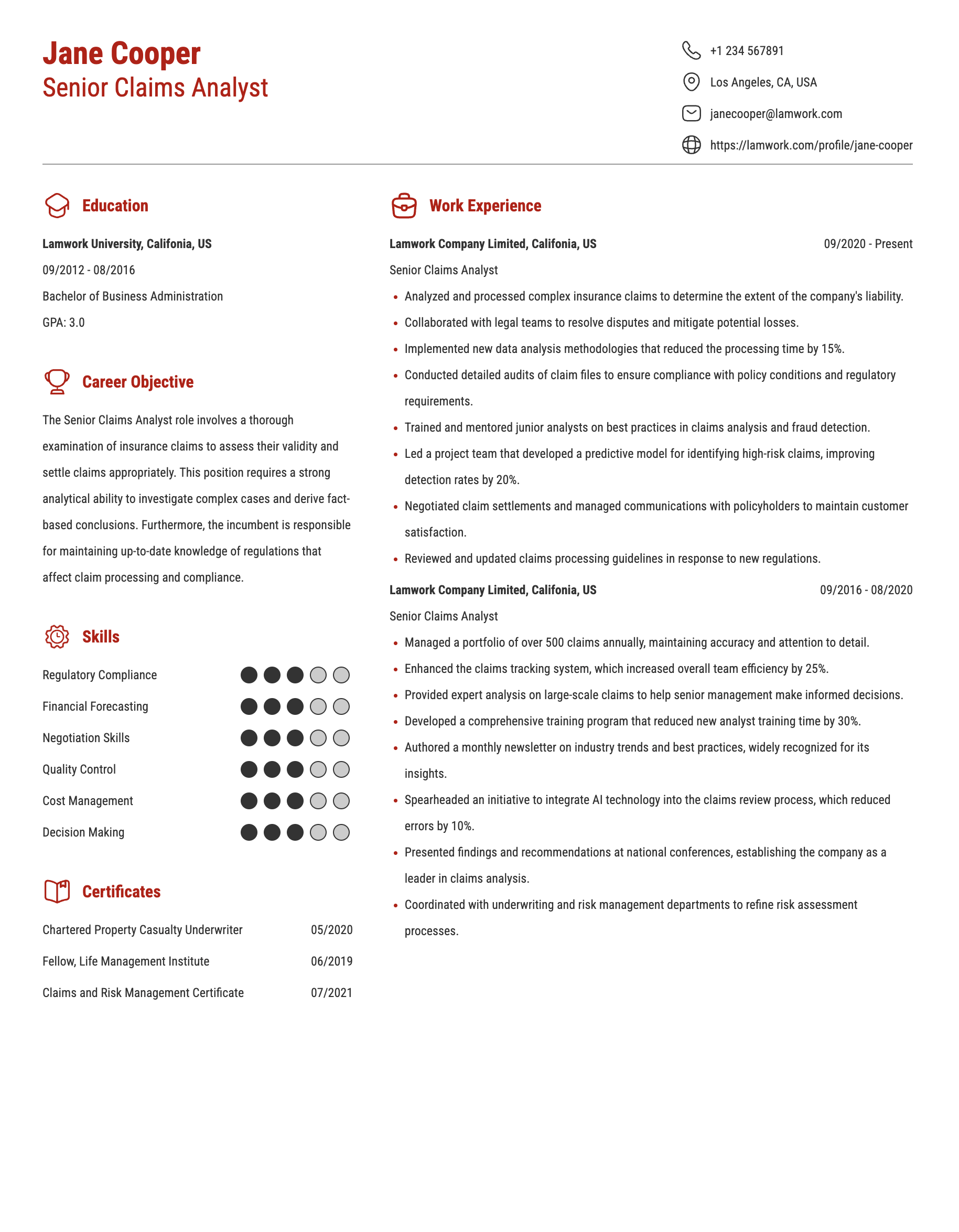 Senior Claims Analyst Resume Example