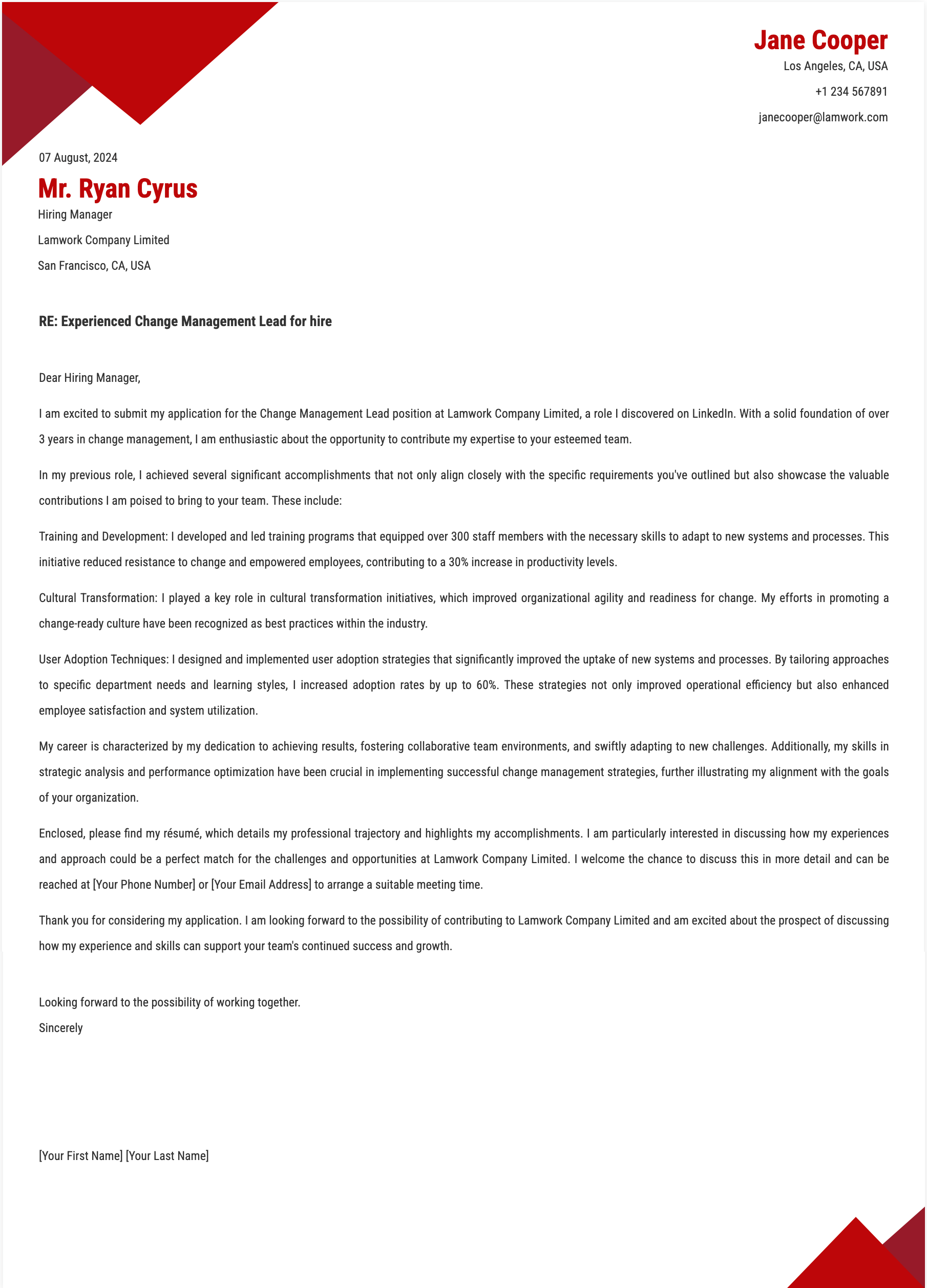 Change Management Lead Cover Letter Template