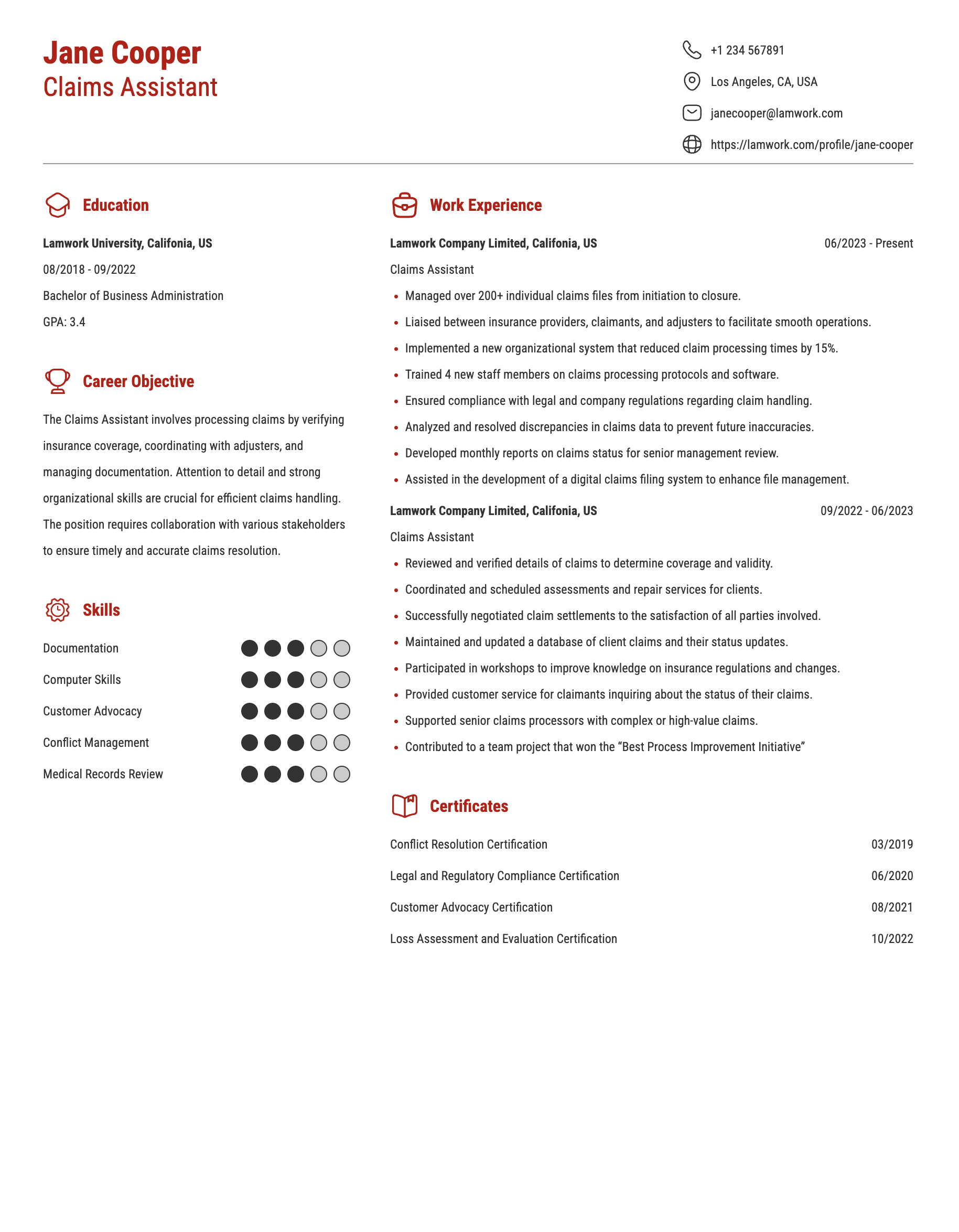 Claims Assistant Resume Example