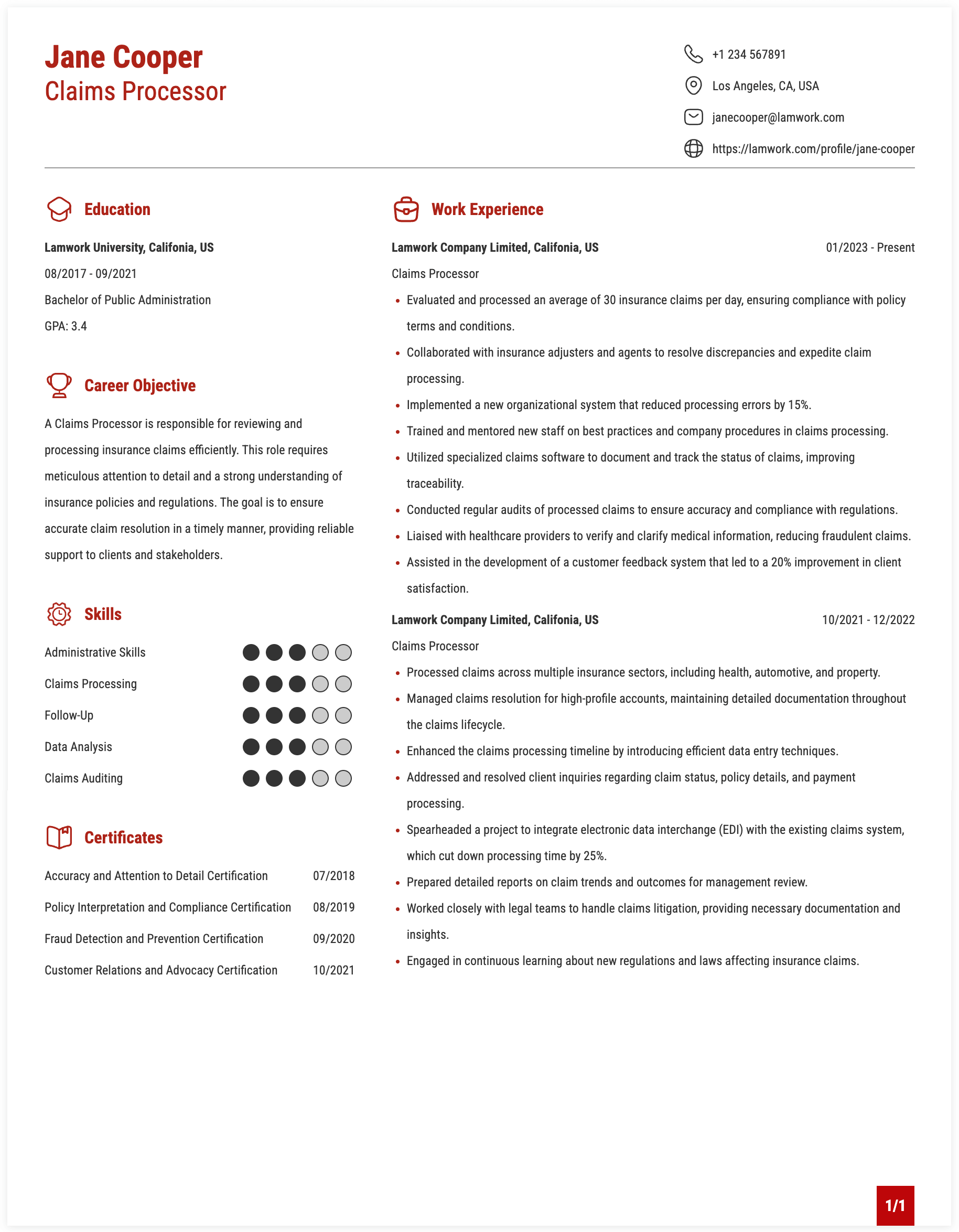 Claims Processor Resume Example