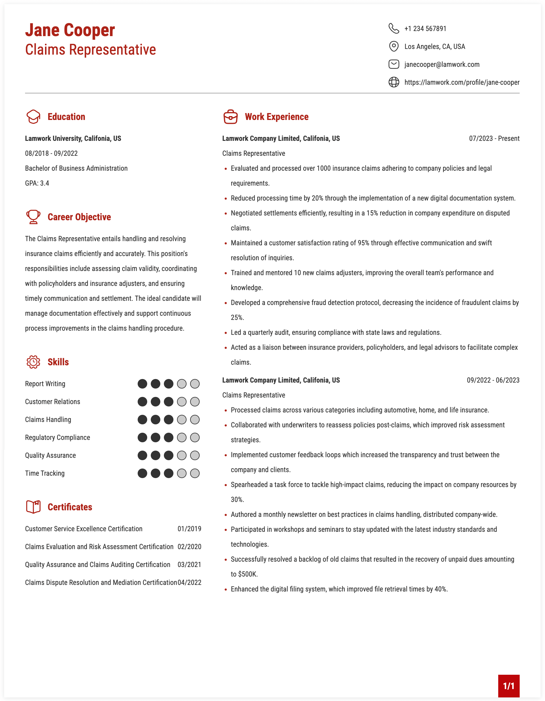 Claims Representative Resume Example