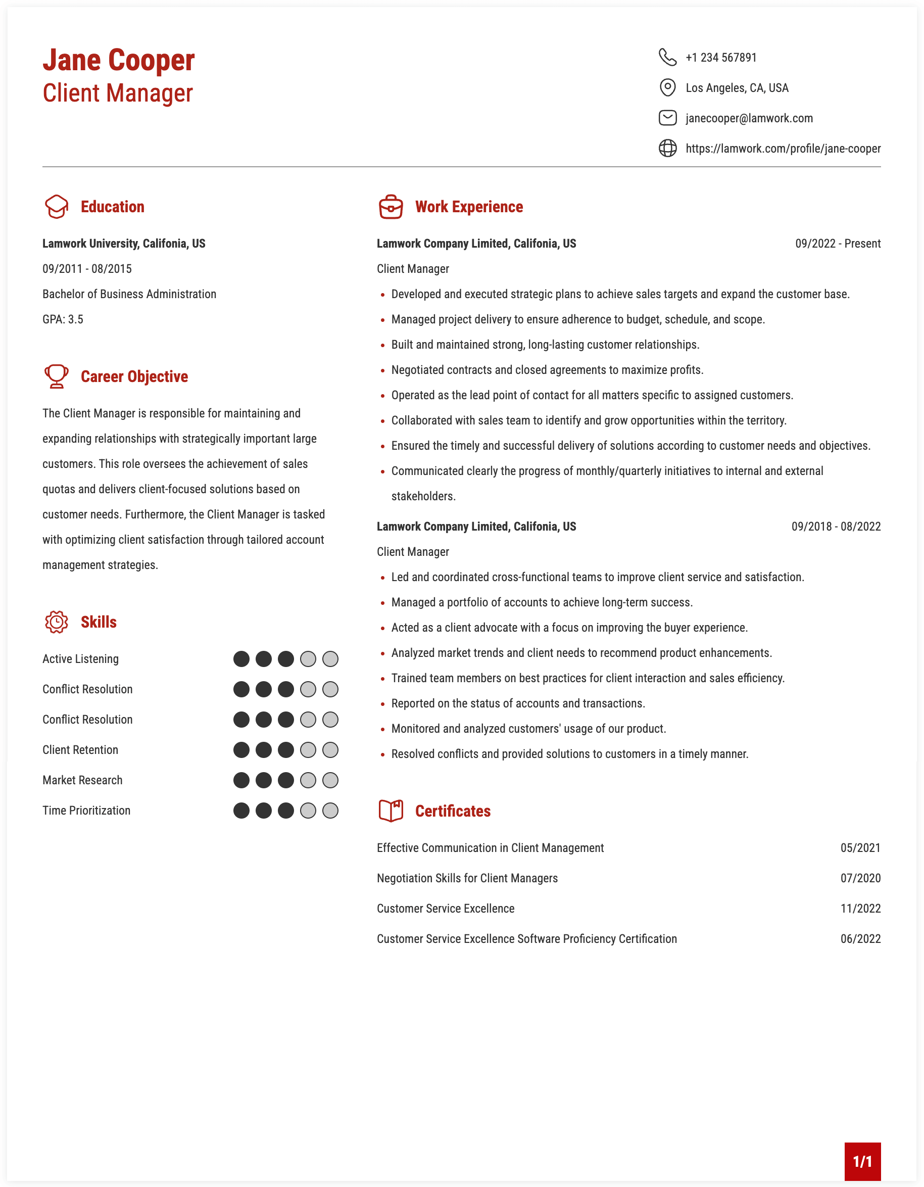 Client Manager Resume Example