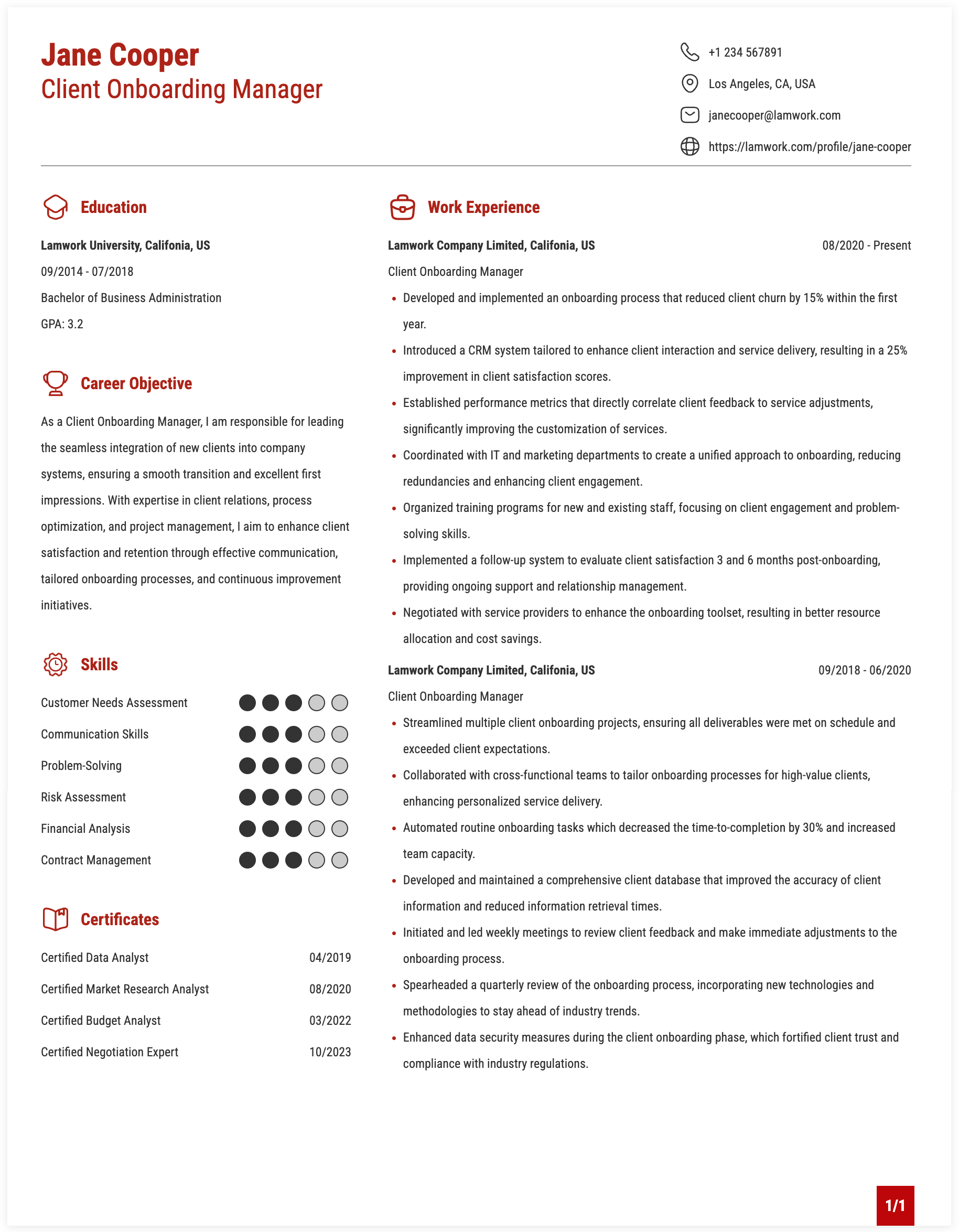 Client Onboarding Manager Resume Example