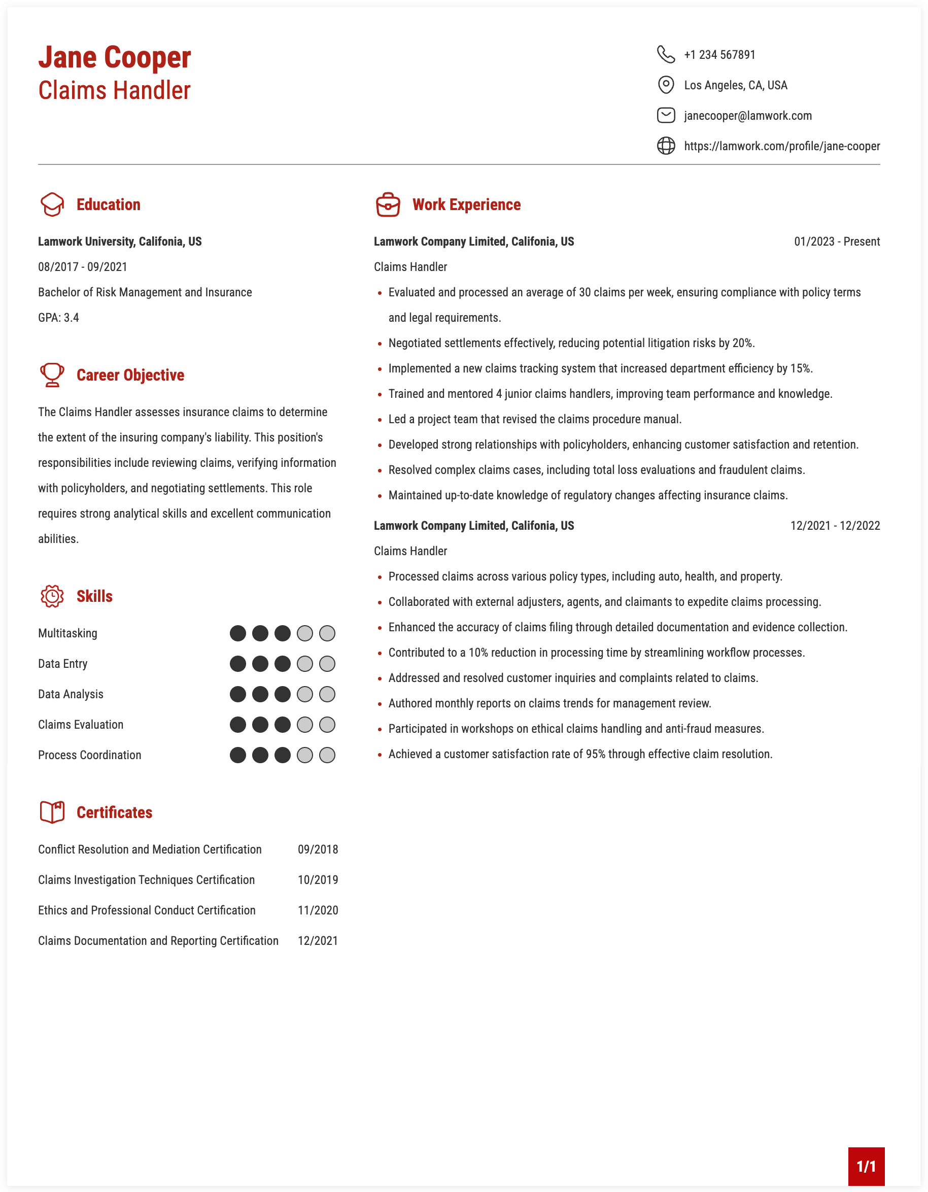 Claims Handler Resume Example