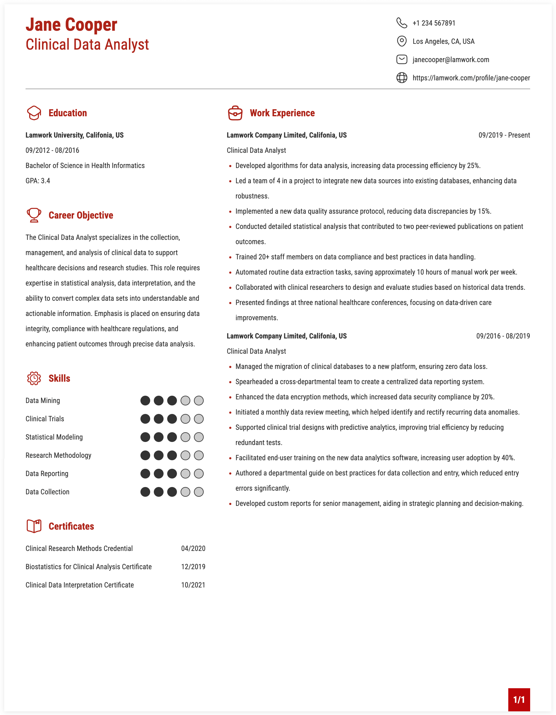 Clinical Data Analyst Resume Example